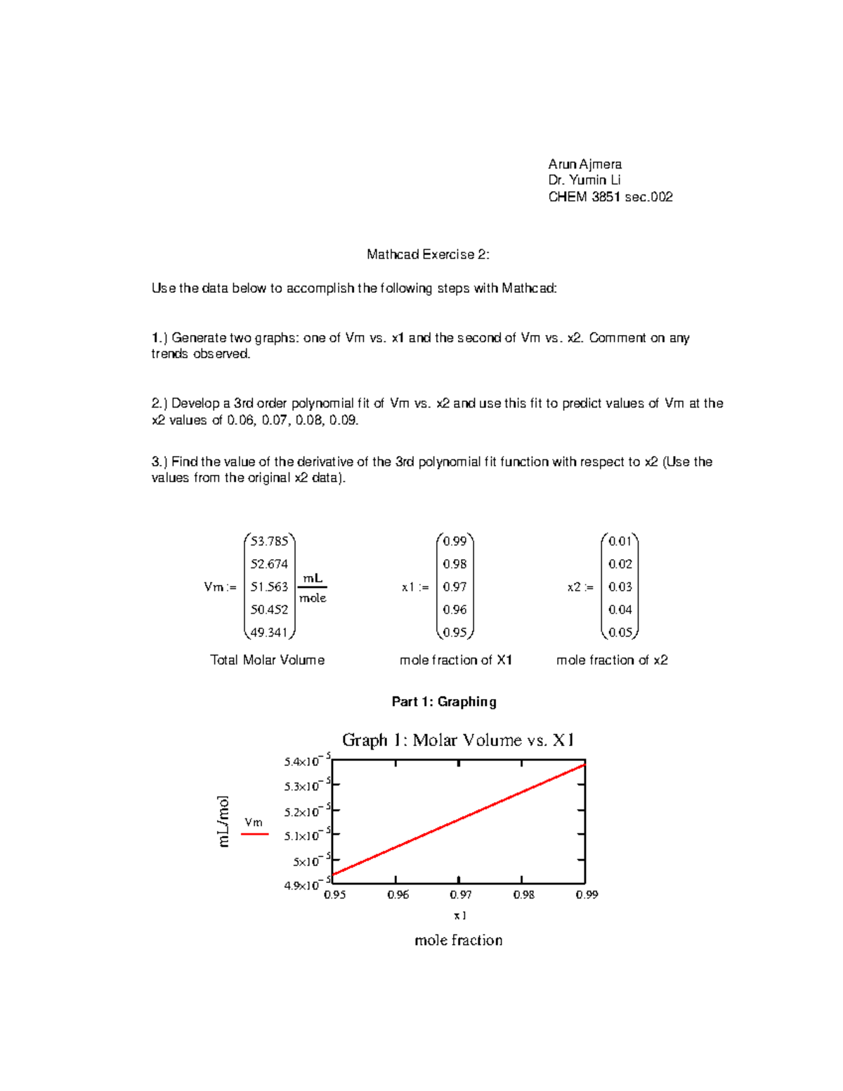 Arun - Mathcad Exercise 2 - Arun Ajmera Dr. Yumin Li CHEM 3851 sec ...