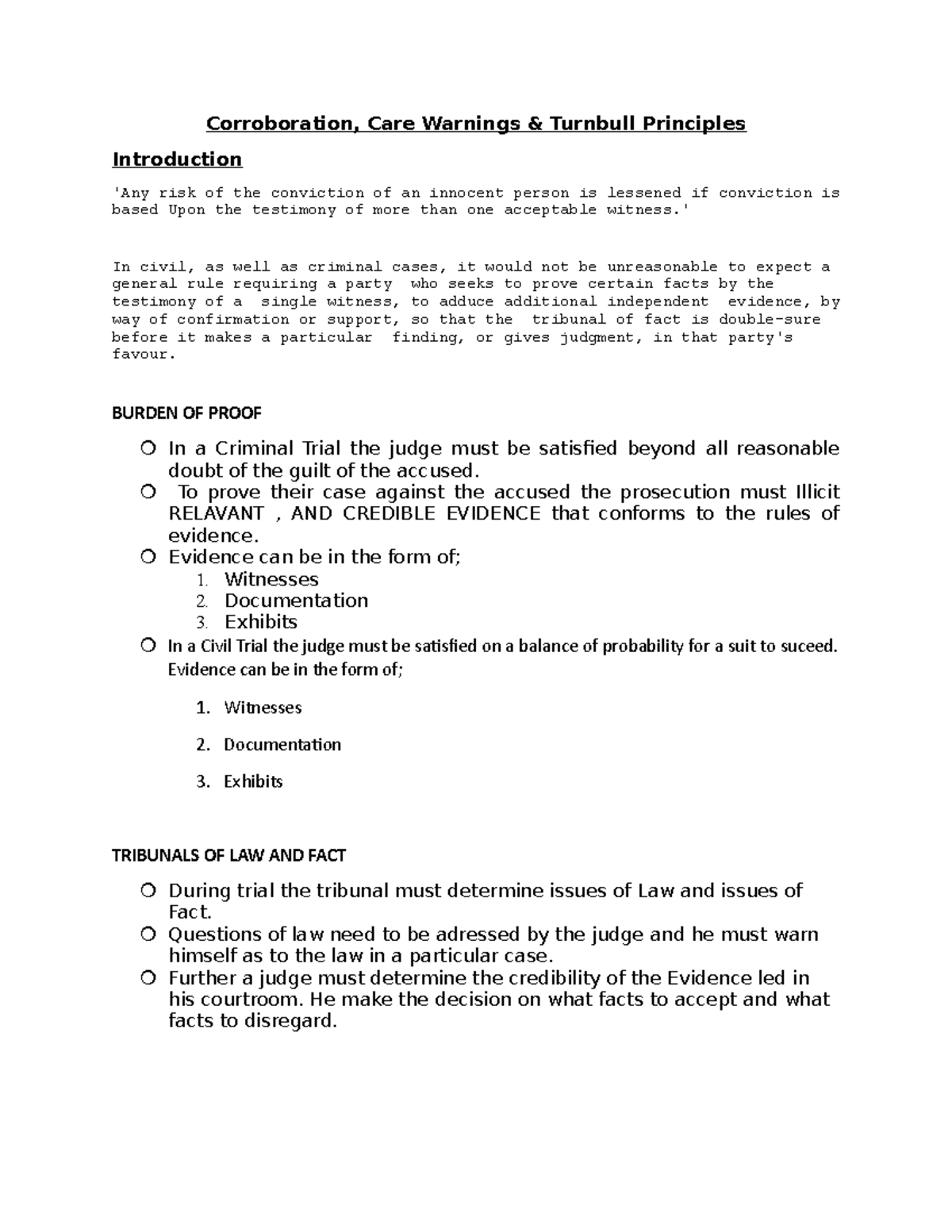 Wk 6 evidence - criminal law - Corroboration, Care Warnings & Turnbull ...