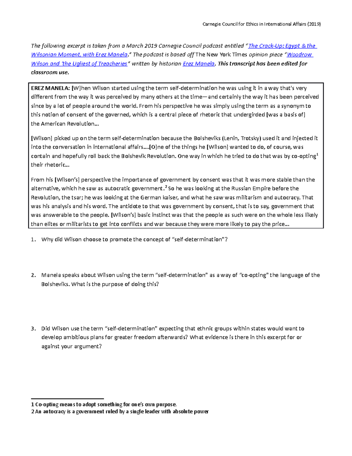 Wilson Self-Determination 1919 Worksheet - Carnegie Council for Ethics ...