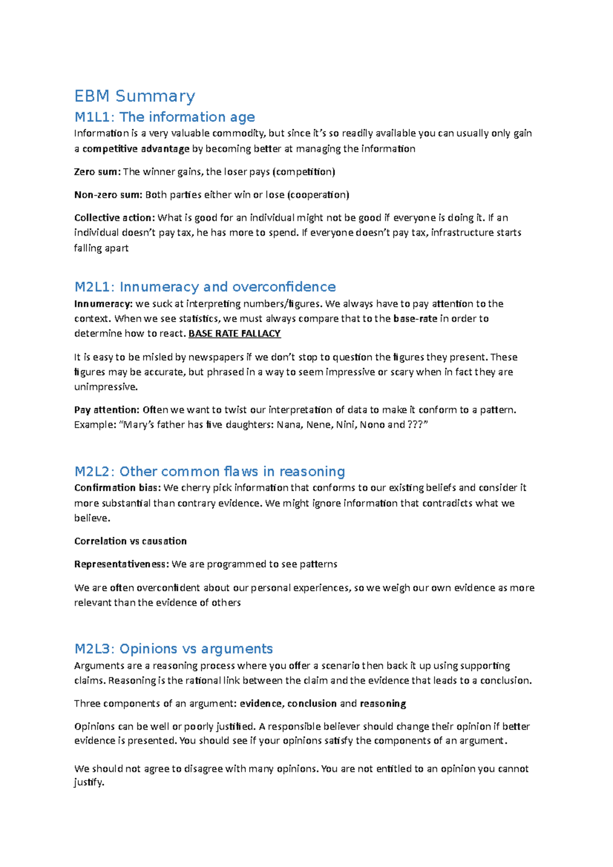 Module summaries - Summary Evidence Based Management - EBM Summary M1L1 ...