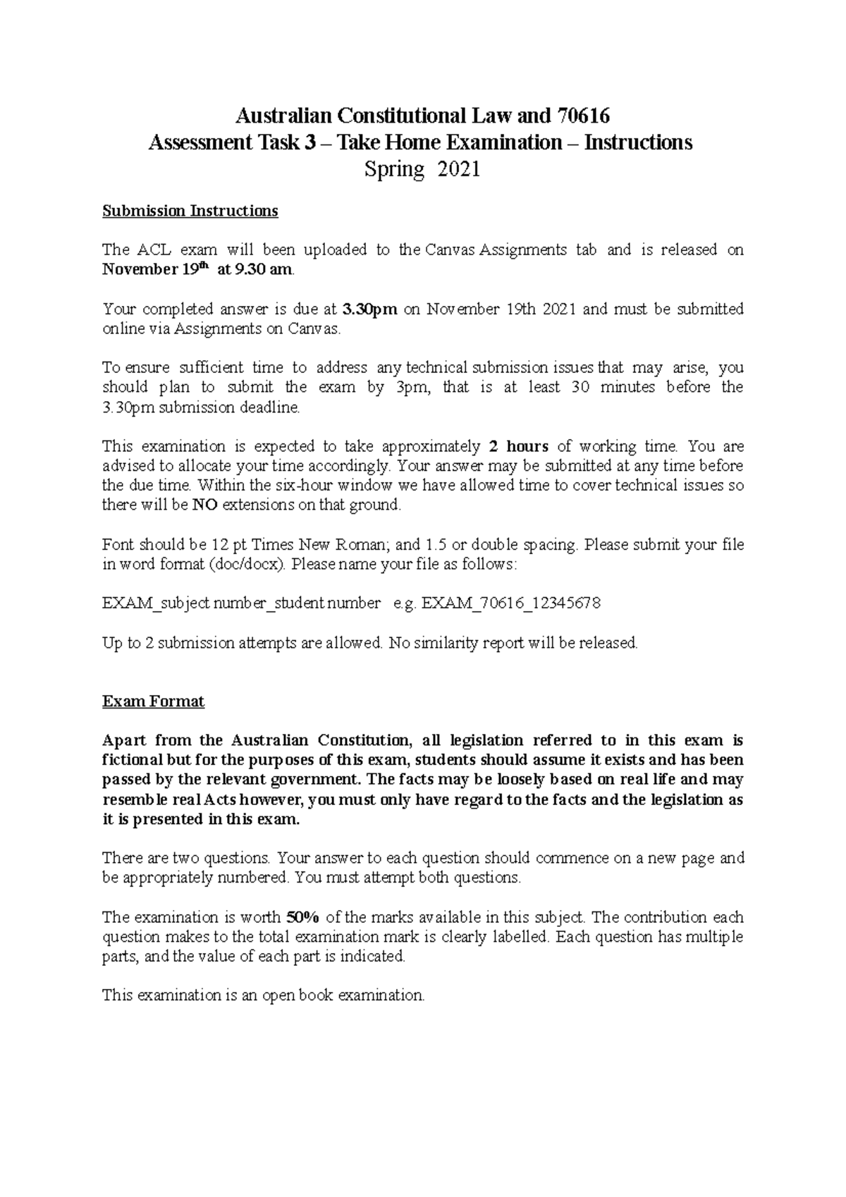 ACL - Exam Instructions to Upload-1 - Australian Constitutional Law and ...