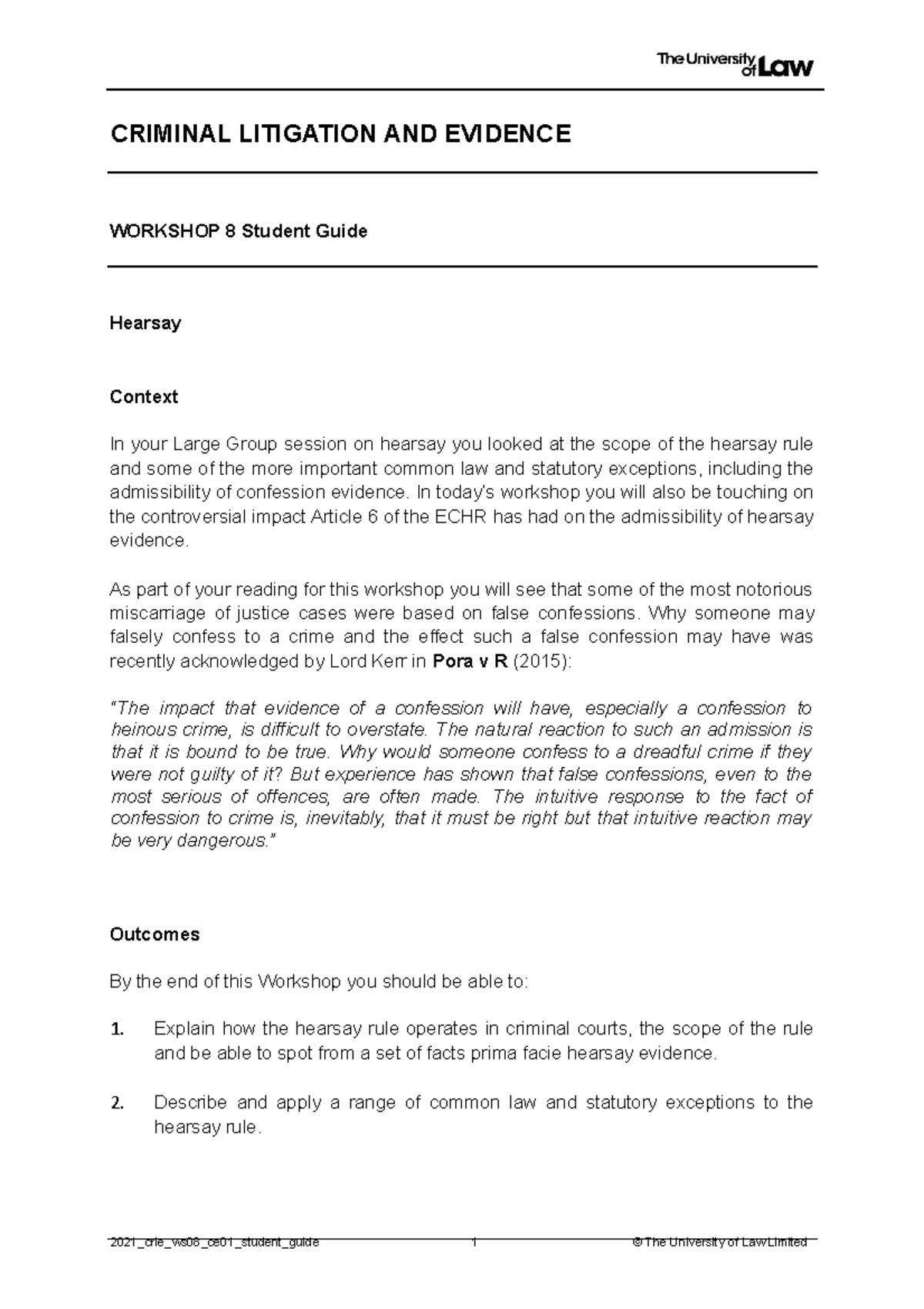Ws8 - ws8 - CRIMINAL LITIGATION AND EVIDENCE WORKSHOP 8 Student Guide ...