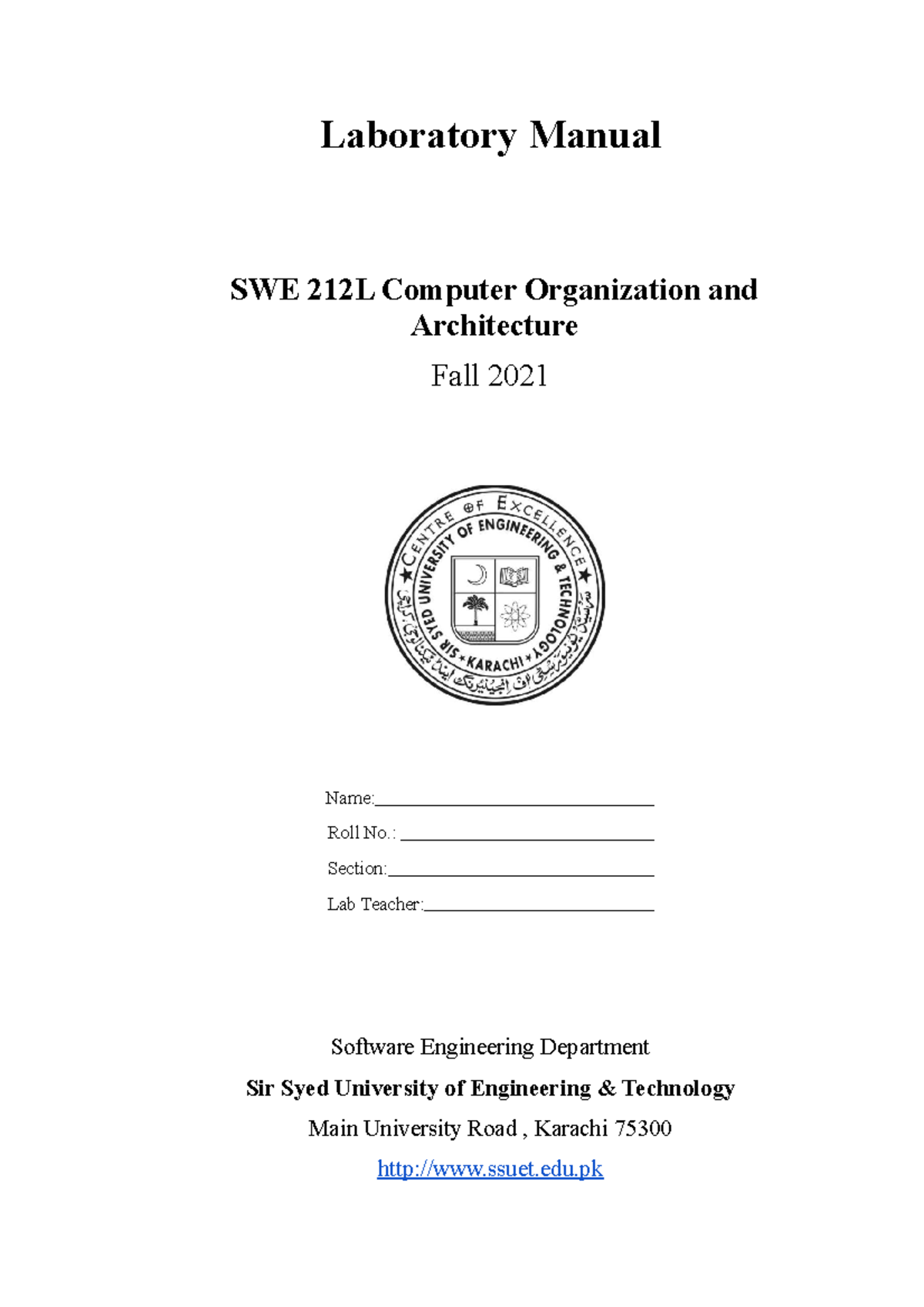 COA LAB#01 - Laboratory Manual SWE 212L Computer Organization and Architecture Fall 2021 Name ...