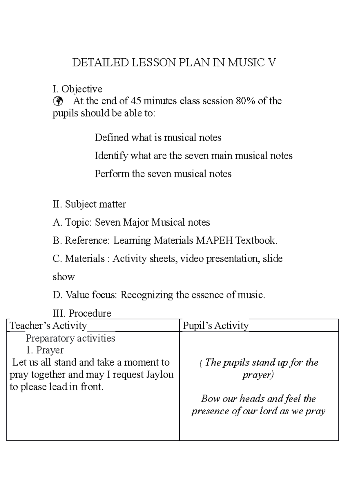 Detailed Lesson PLAN IN Music V - DETAILED LESSON PLAN IN MUSIC V I ...