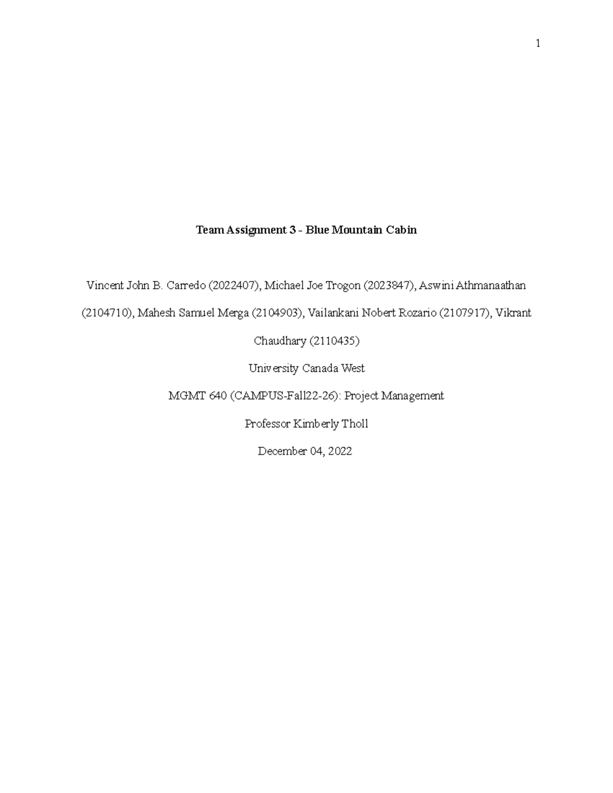 Team Assignment 3 - Blue Mountain Cabin - Carredo (2022407), Michael ...