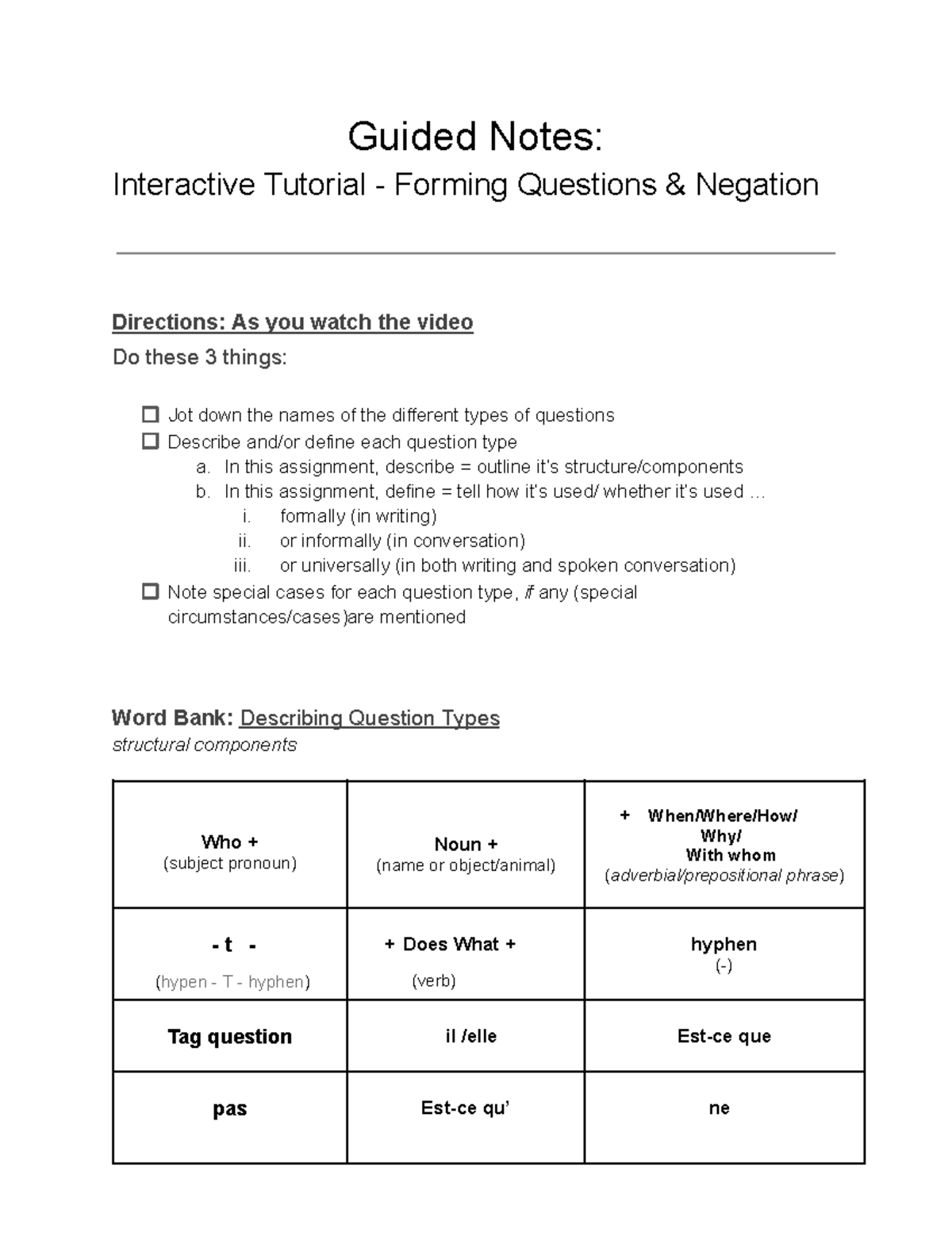 Guided Notes forming questions & negation - Guided Notes: Interactive ...