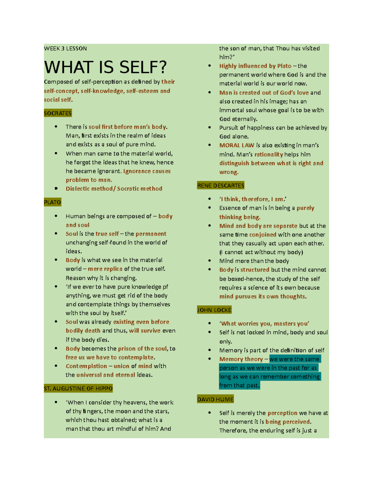 What is Self? UTS Reviewer - Understanding the Self - UPHSD - Studocu