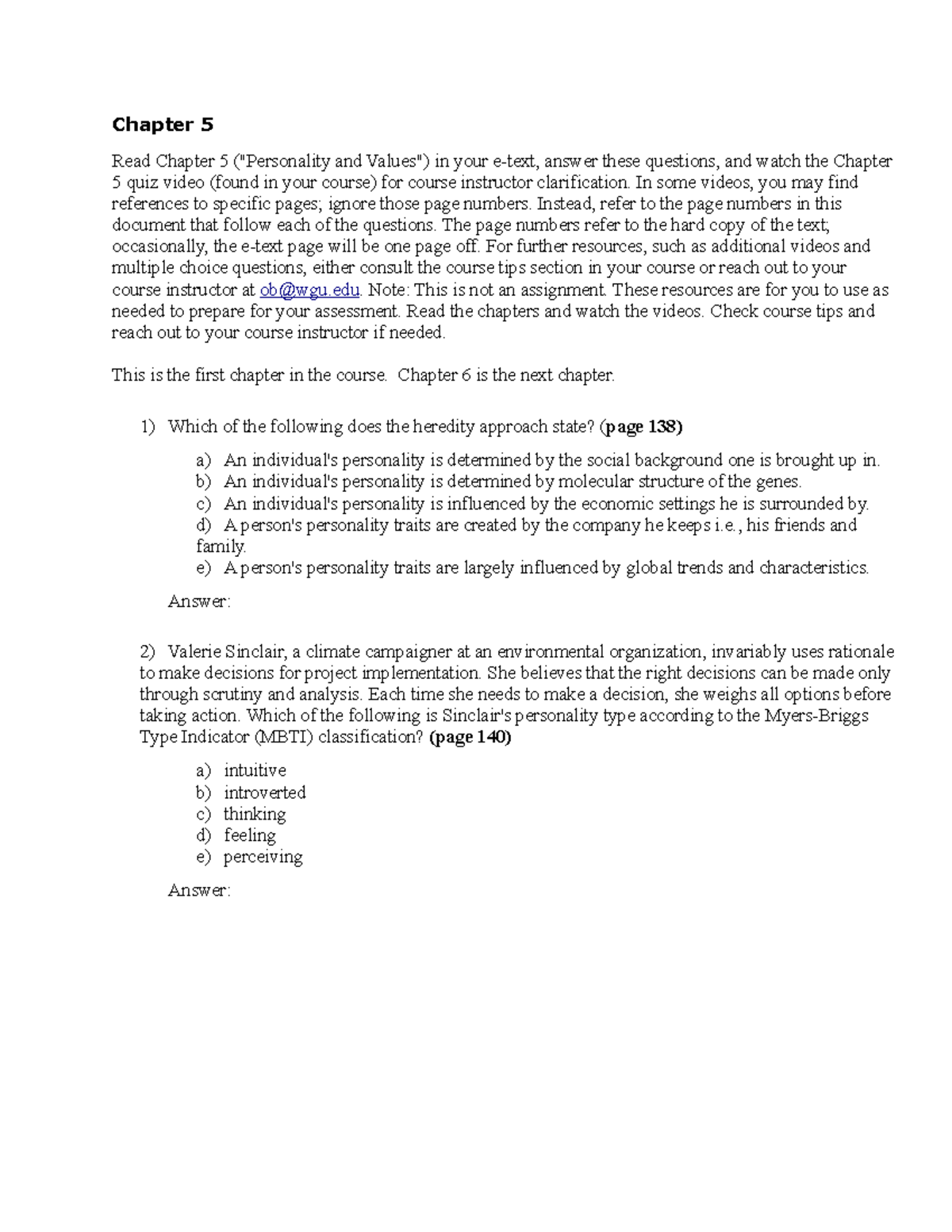 Chapter 5 questions - Chapter 5 Read Chapter 5 ("Personality and Values ...