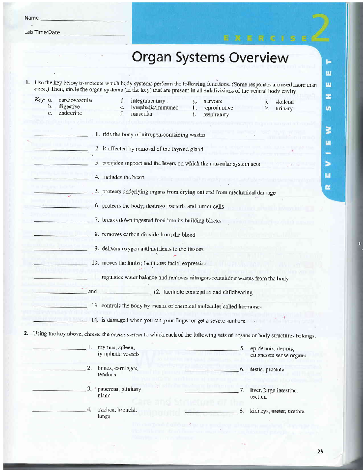 Lab Exercise Review Sheet #2 - Name Lab Time/Date Organ Systems Overview 1. Use the key below to ...
