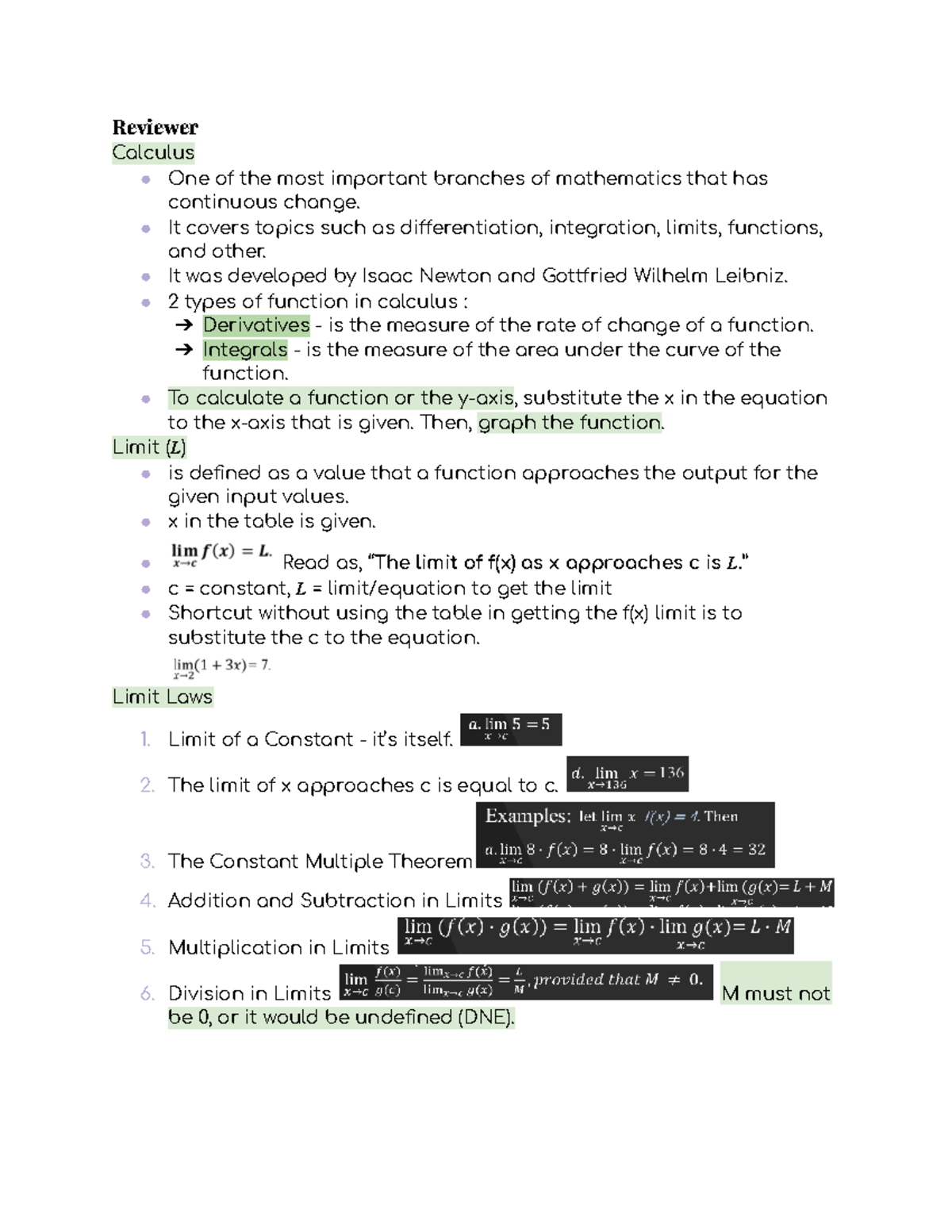 Basic Calculus Midterm Reviwer - Reviewer Calculus One of the most ...