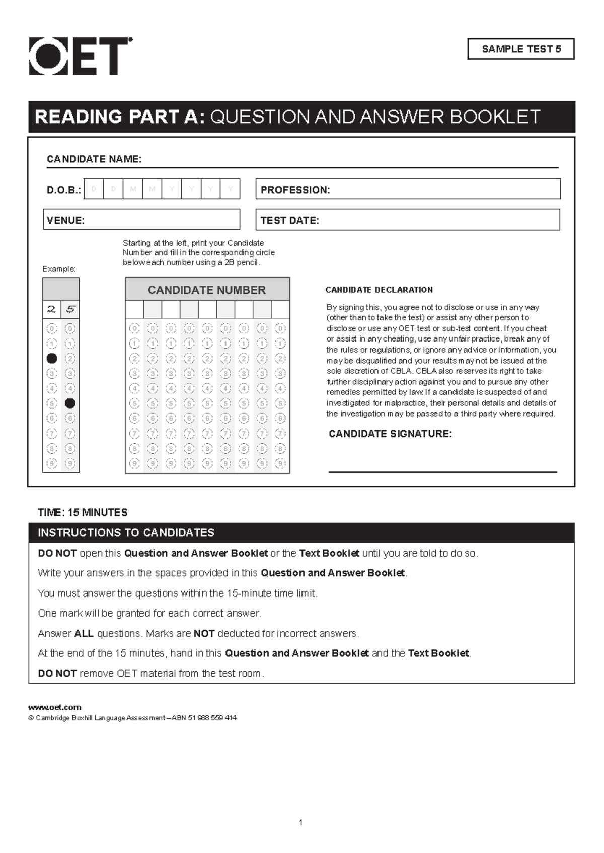 Reading Sample test 5 - Reading Part A Question Paper - READING PART A ...