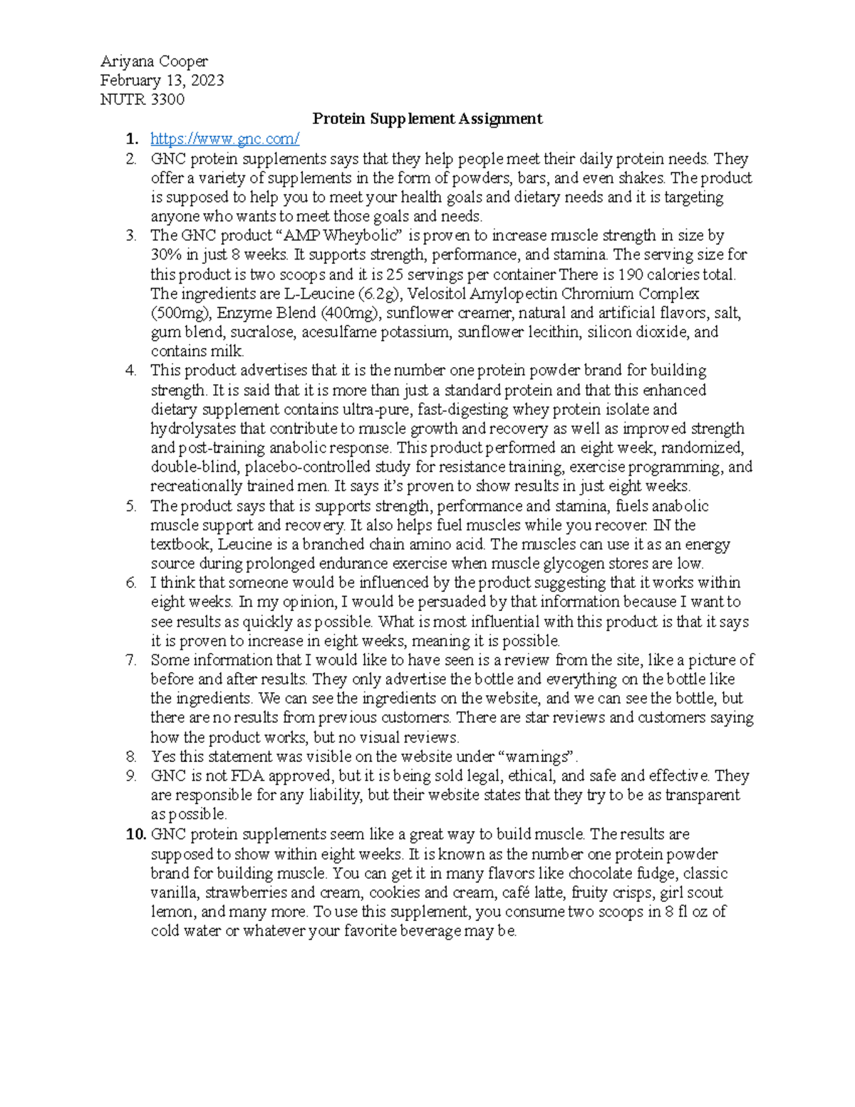 Protein Supplement Assignment - Ariyana Cooper February 13, 2023 NUTR ...