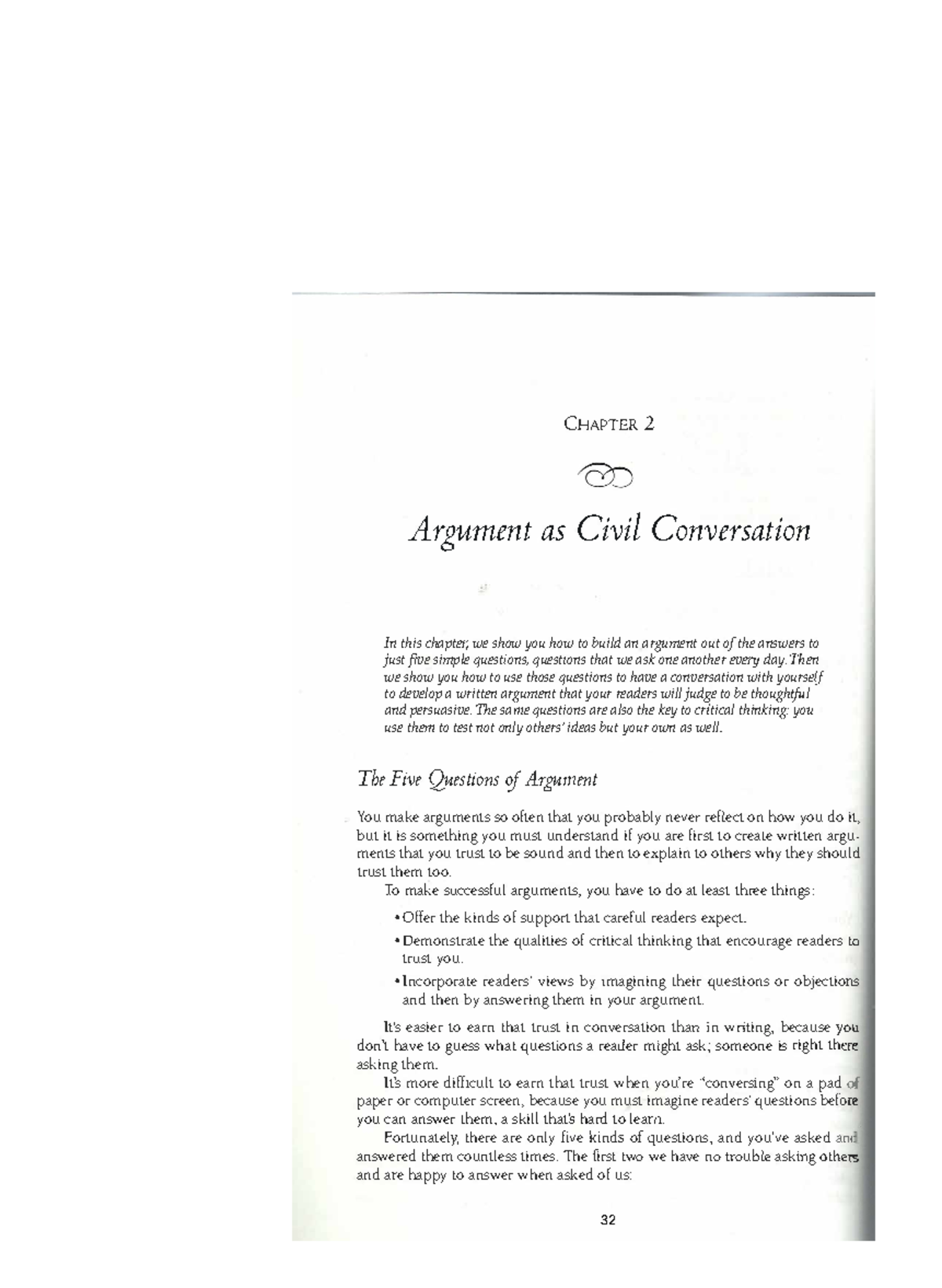 5 Questions for Argument - CHAPTER 2 Argument as Civil Conversation In ...