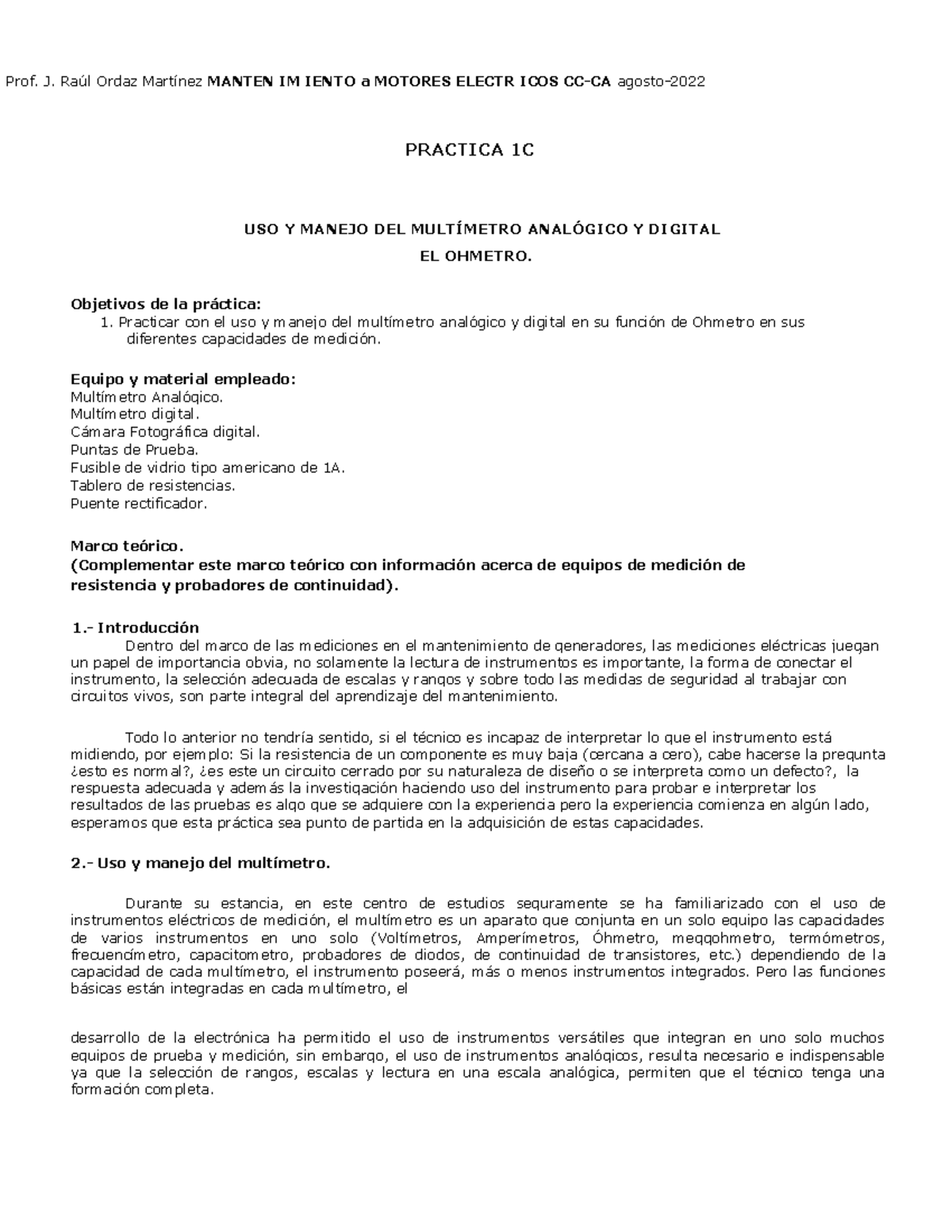 Practica #1C Ohmetro-2022 - Prof. J. Raúl Ordaz Martínez MANTEN IM ...