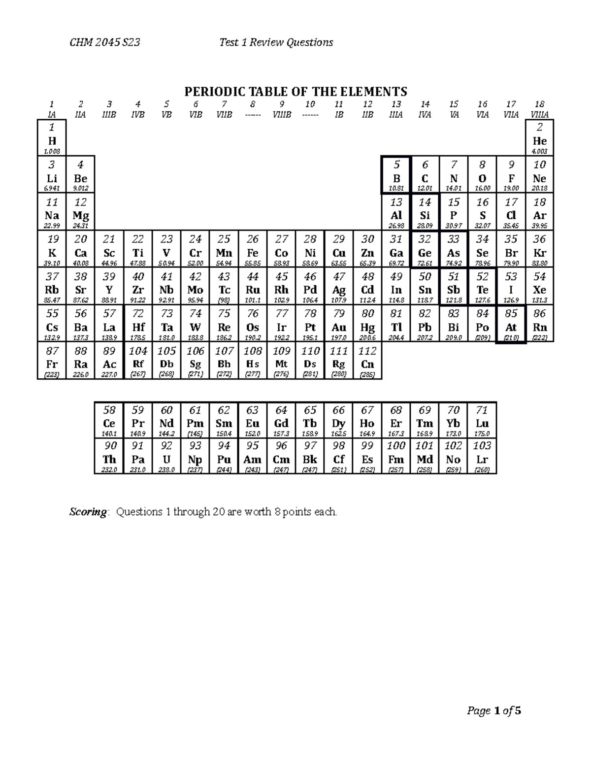 CHM 2045 Exam 1 Practice Test - PERIODIC TABLE OF THE ELEMENTS 1 IA 2 ...