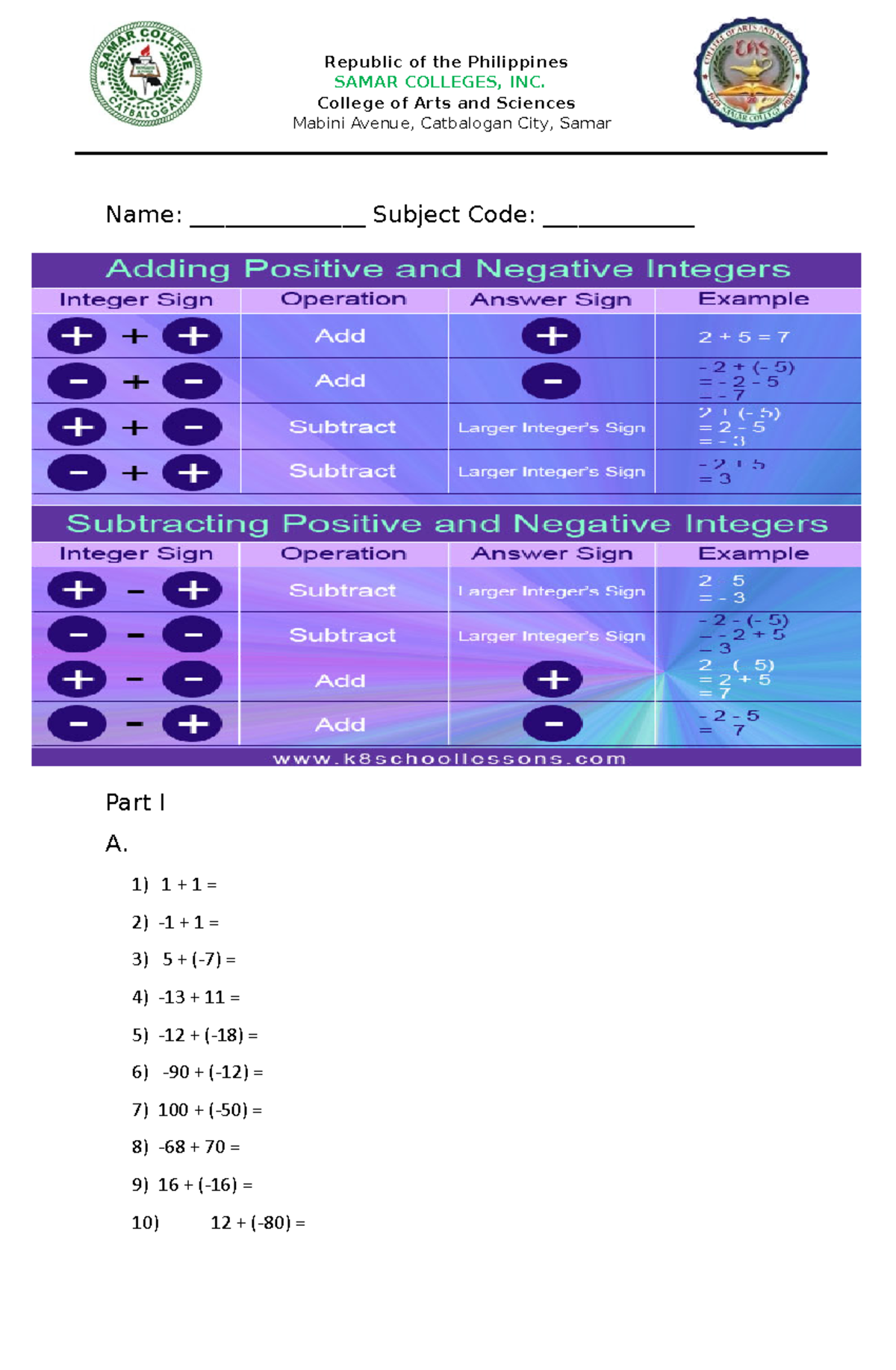 Work sheet Basic Mathematics - Republic of the Philippines SAMAR ...
