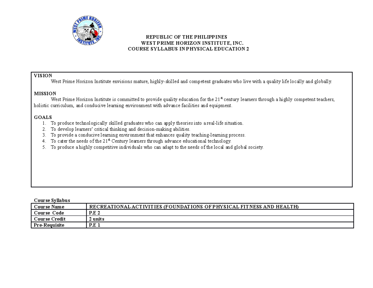 Syllabus final PE2 - REPUBLIC OF THE PHILIPPINES WEST PRIME HORIZON ...