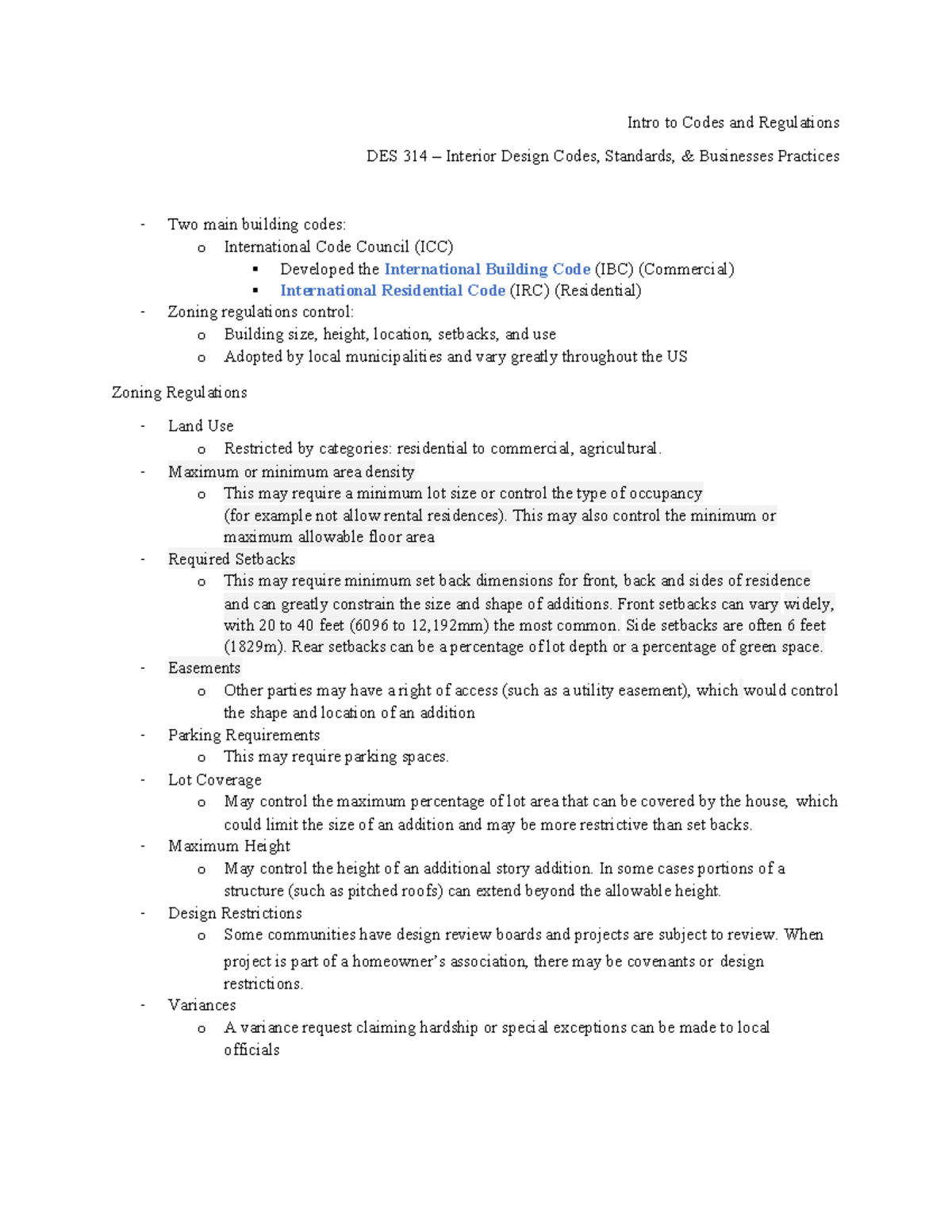 Intro to Codes and Zoning - Intro to Codes and Regulations DES 314 ...