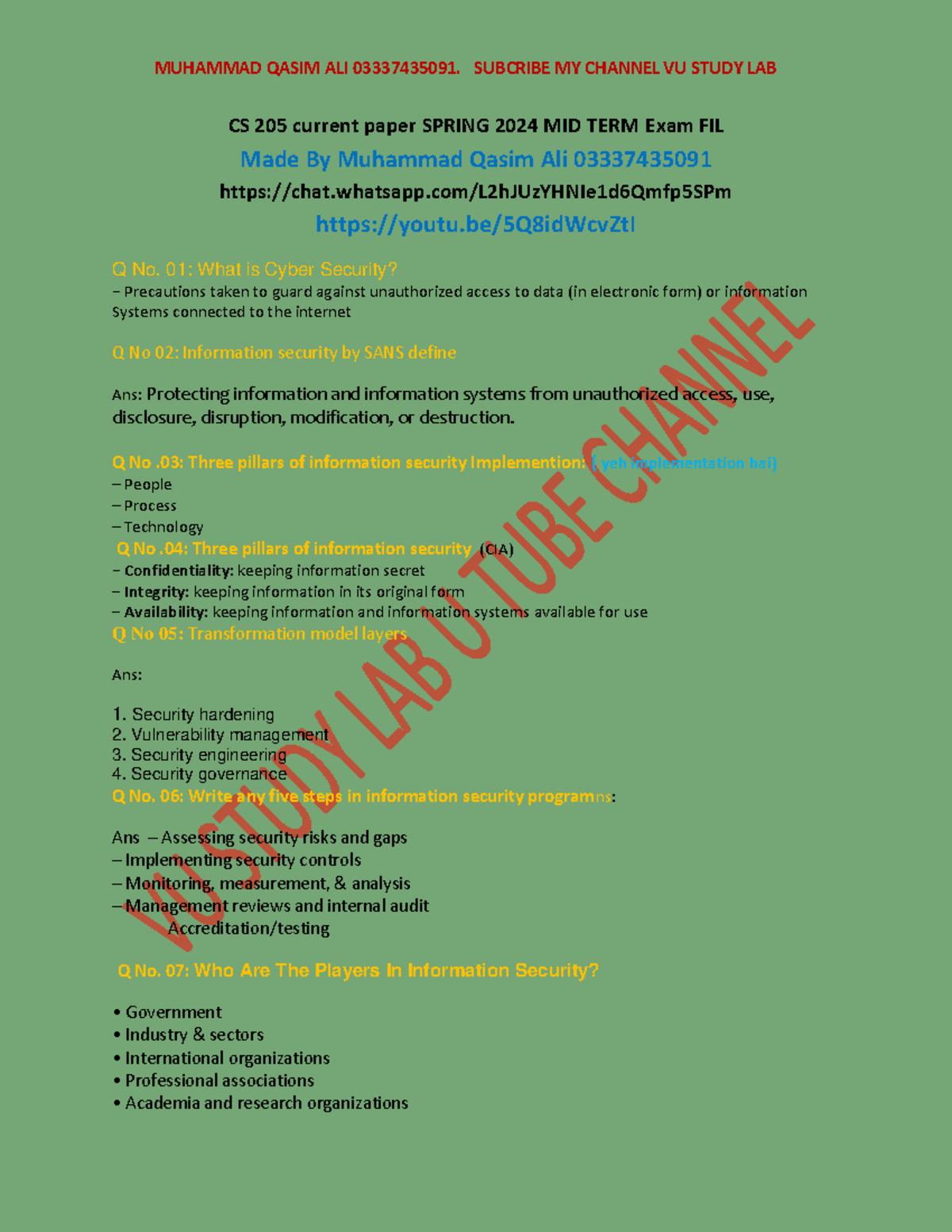 CS 205 MID 2024 By Qasim ali objective subjective - CS 205 current ...