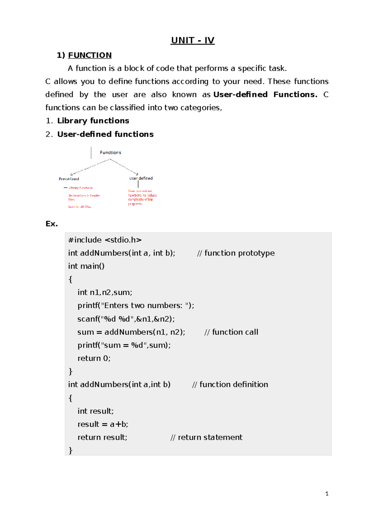 Unit Iv And V Unit Iv 1 Function A Function Is A Block Of Code That Performs A Specific Task
