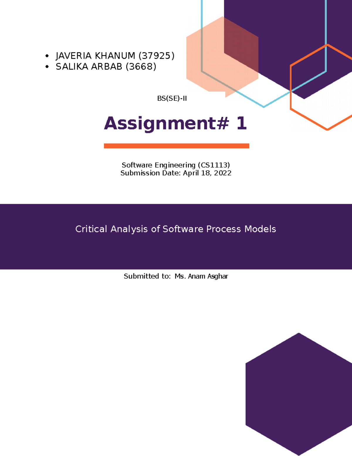 SE Assignment Cover Page - JAVERIA KHANUM (37925) SALIKA ARBAB (3668) Assignment# 1 BS(SE)-II ...