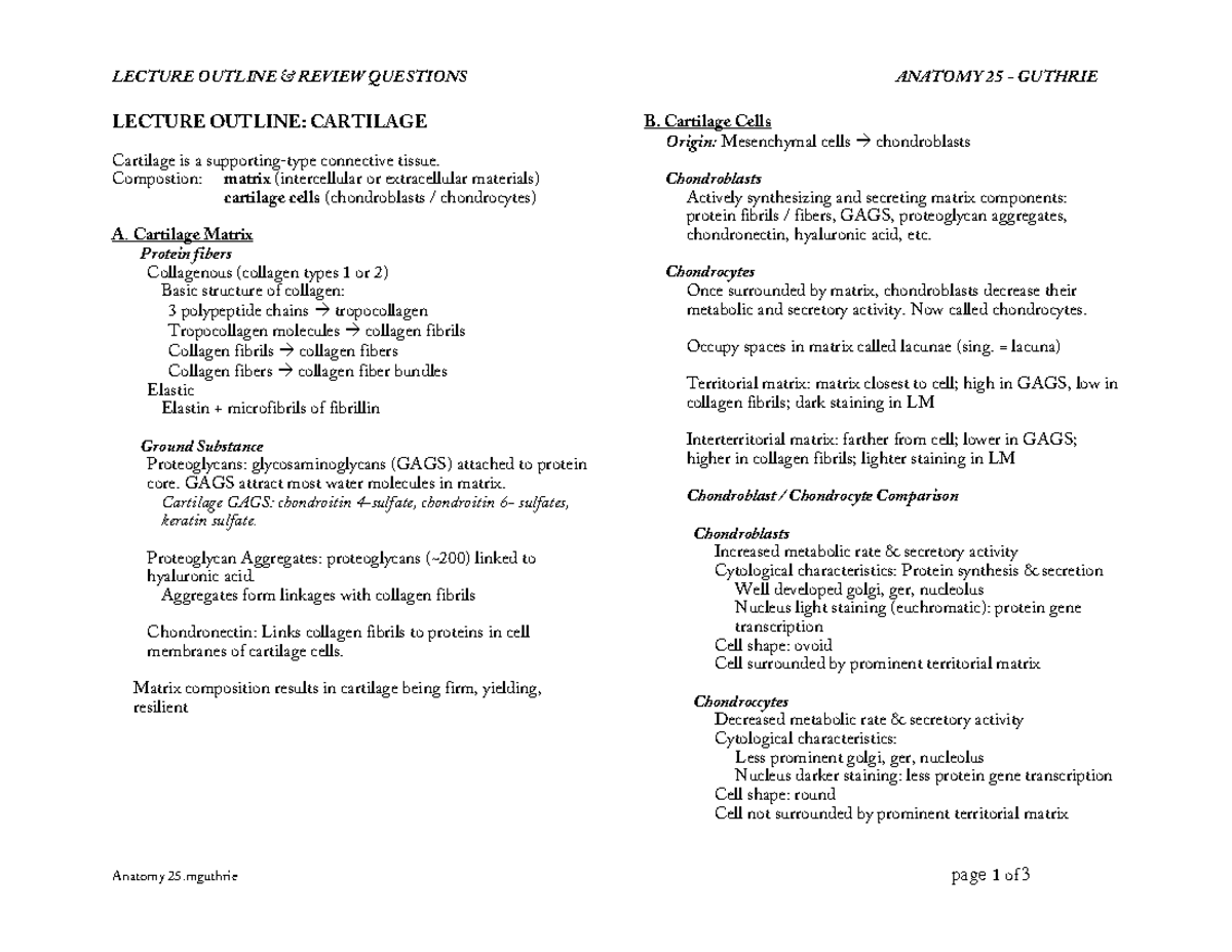 Lecture Outline - Cartilage - 5 - LECTURE OUTLINE &amp; REVIEW ...