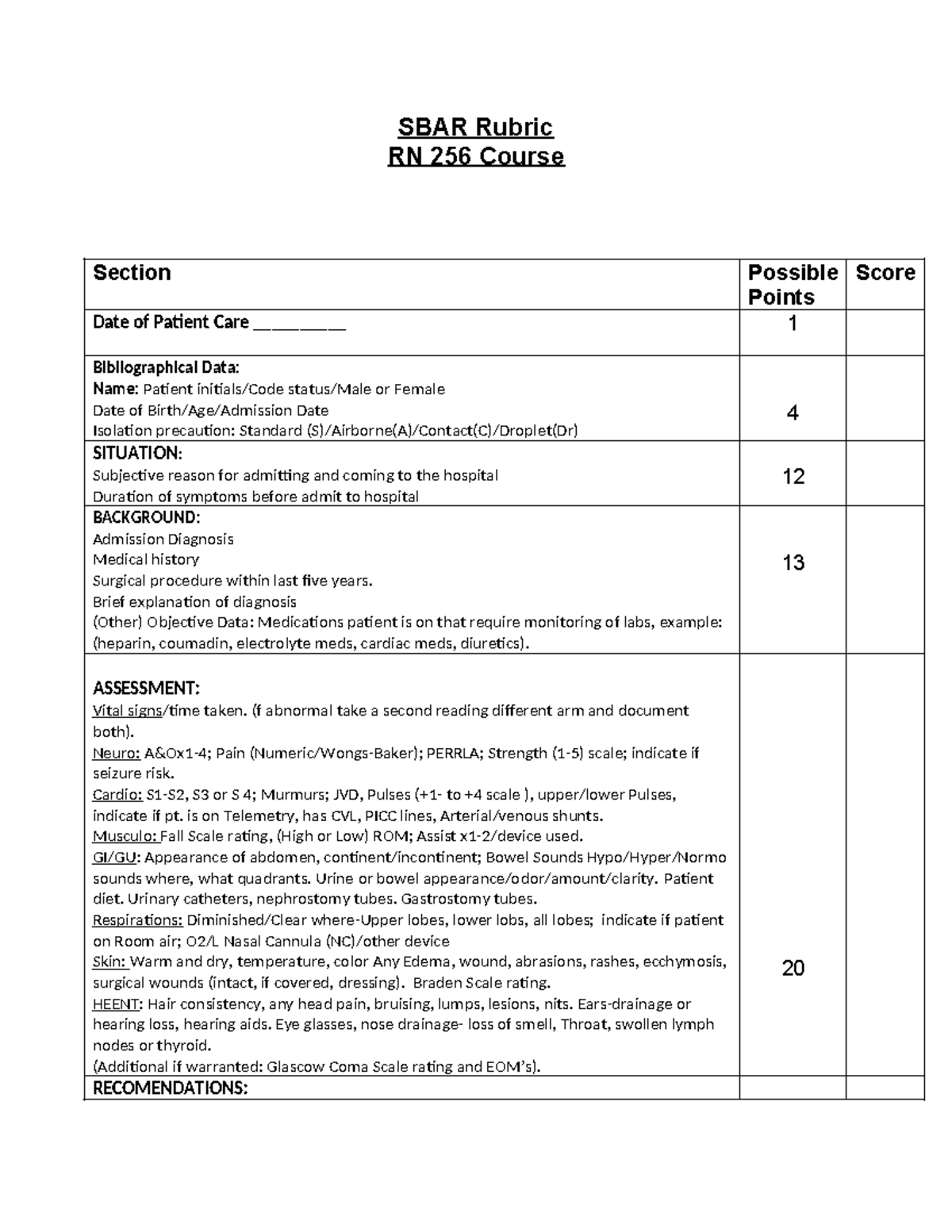 SBAR - 256 Rubric - SBAR - SBAR Rubric RN 256 Course Section Possible ...