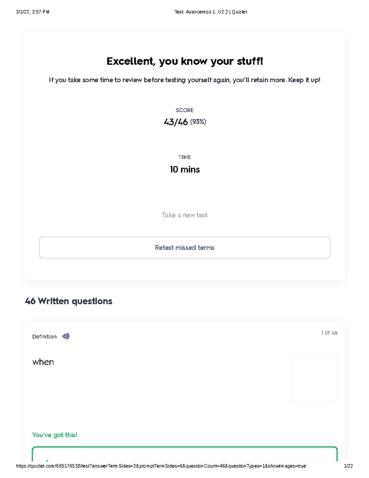 Test Avancemos 1 U2.2 Quizlet - Excellent, you know your stuff! If you ...