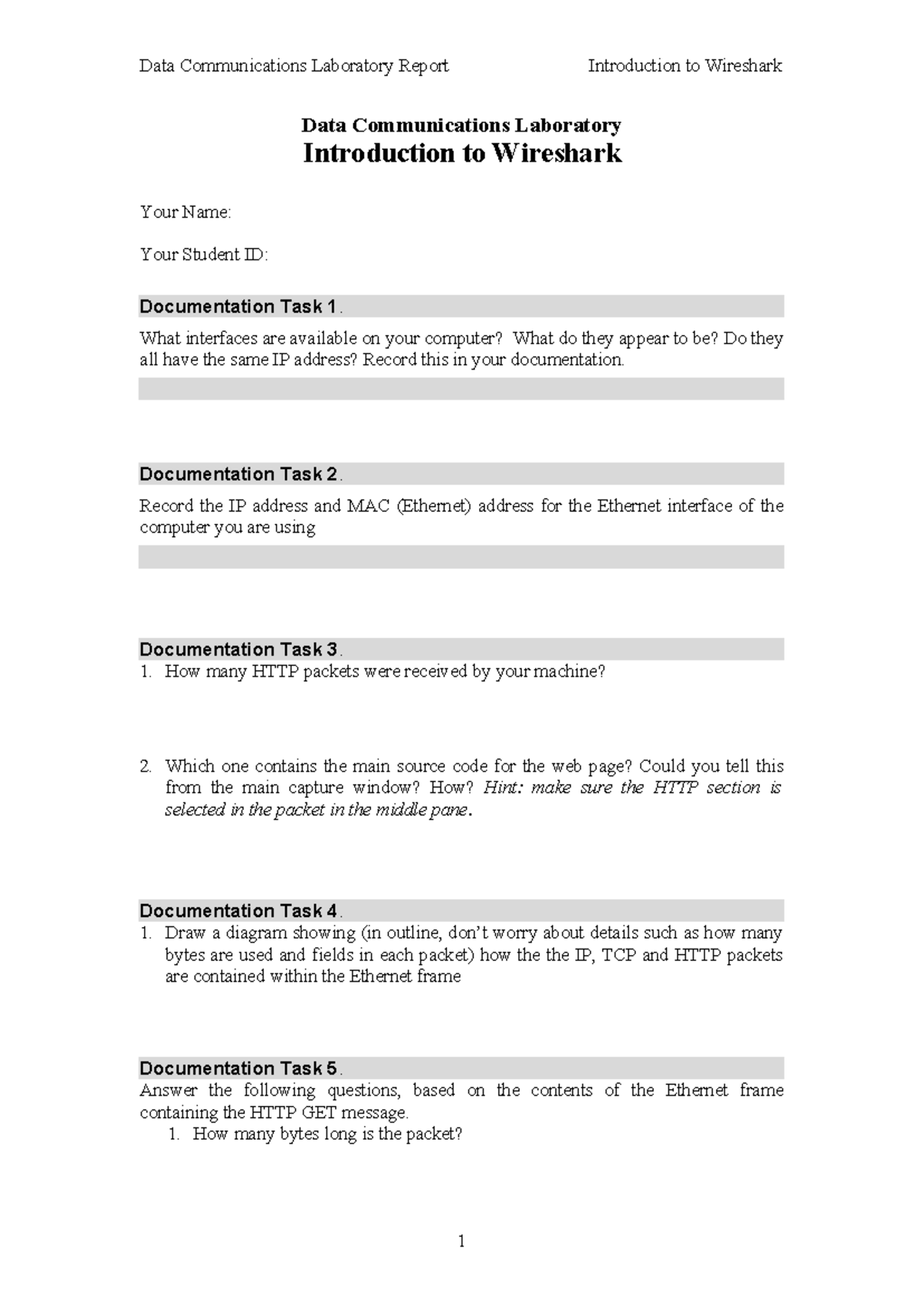 Practical Intoduction To Wireshark Documentation Template Data Communications Laboratory