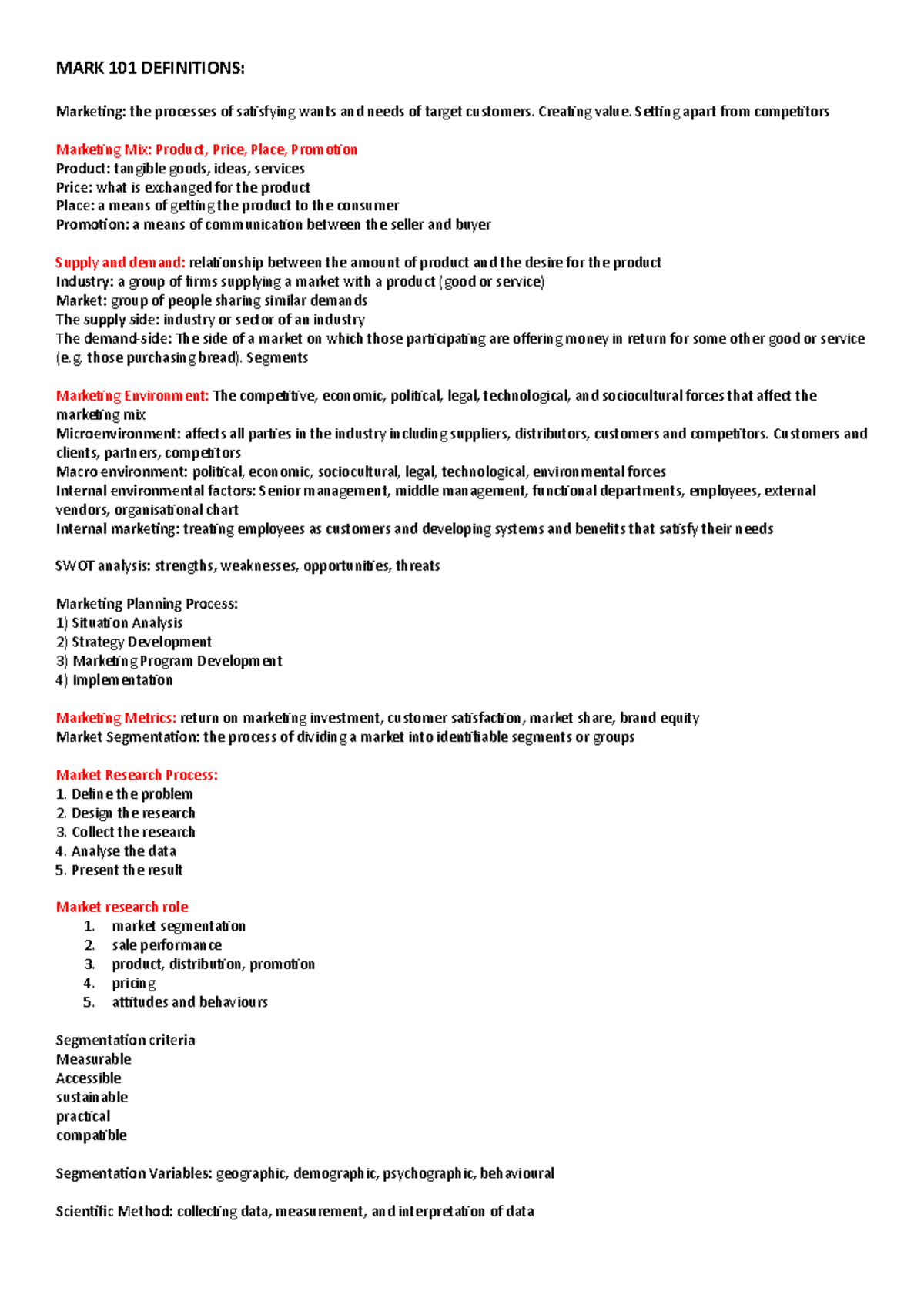 MARK 101 Definitions - MARK 101 DEFINITIONS: Marketing: the processes ...