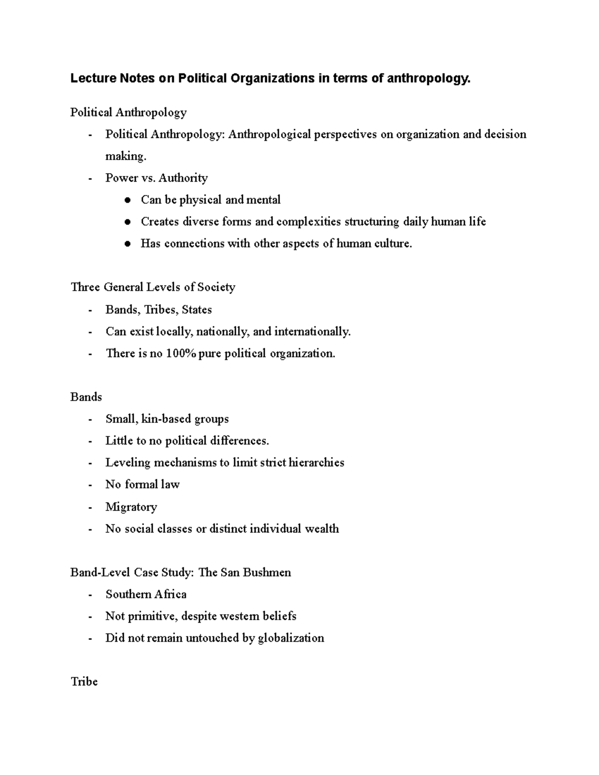 Lecture Notes on Political Organizations in terms of anthropology - ANT ...