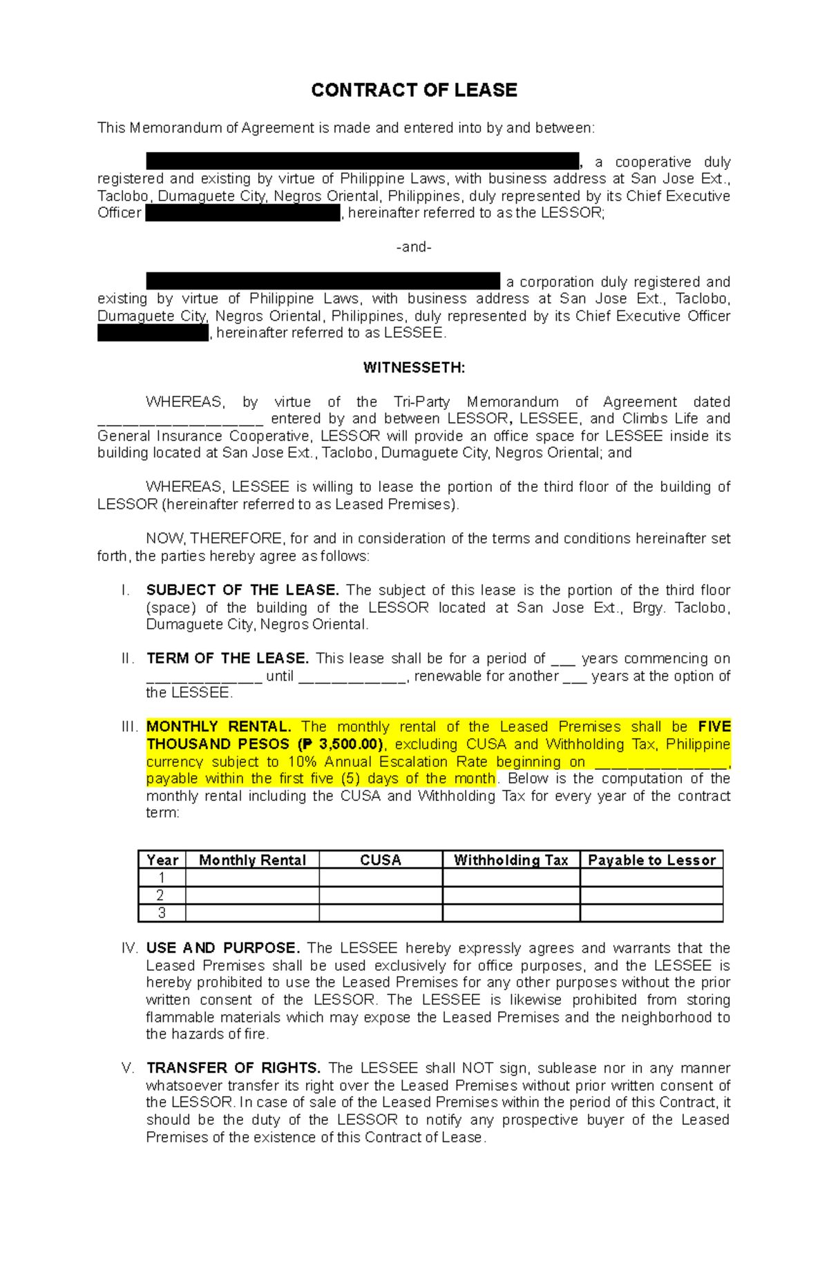 Contract OF Lease - sample 1 - CONTRACT OF LEASE This Memorandum of ...