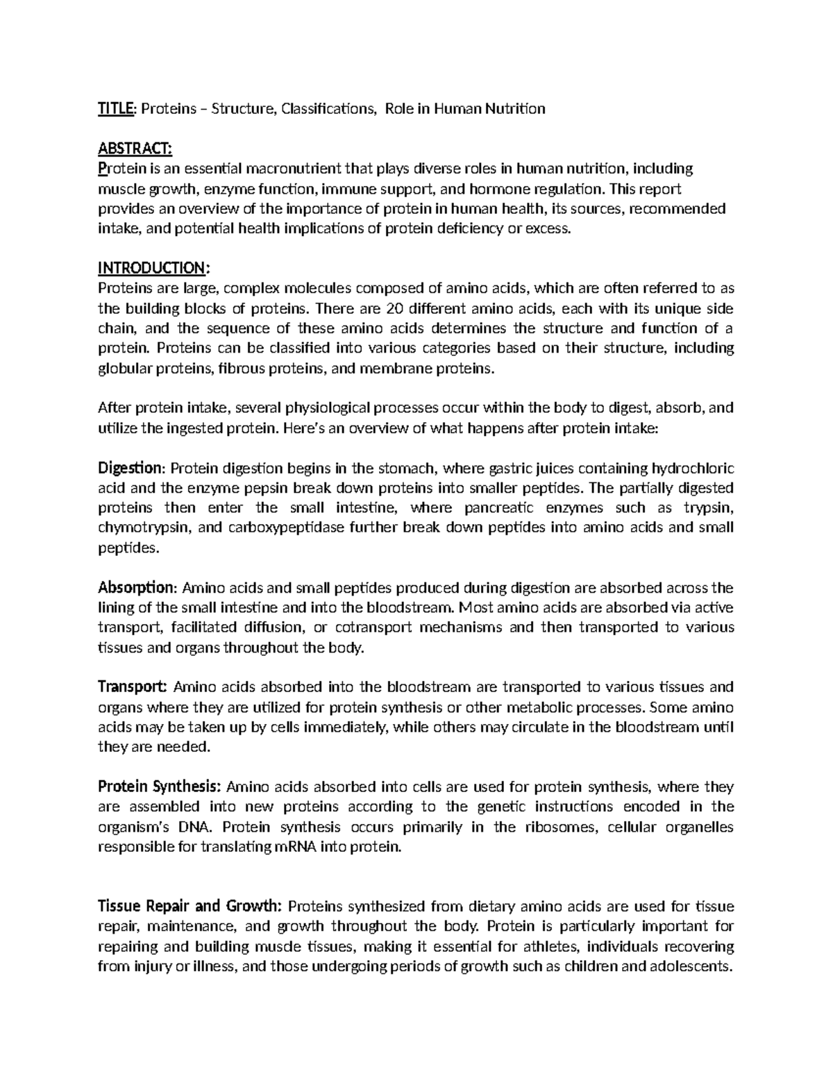 Protein - Written Report - TITLE: Proteins – Structure, Classifications ...