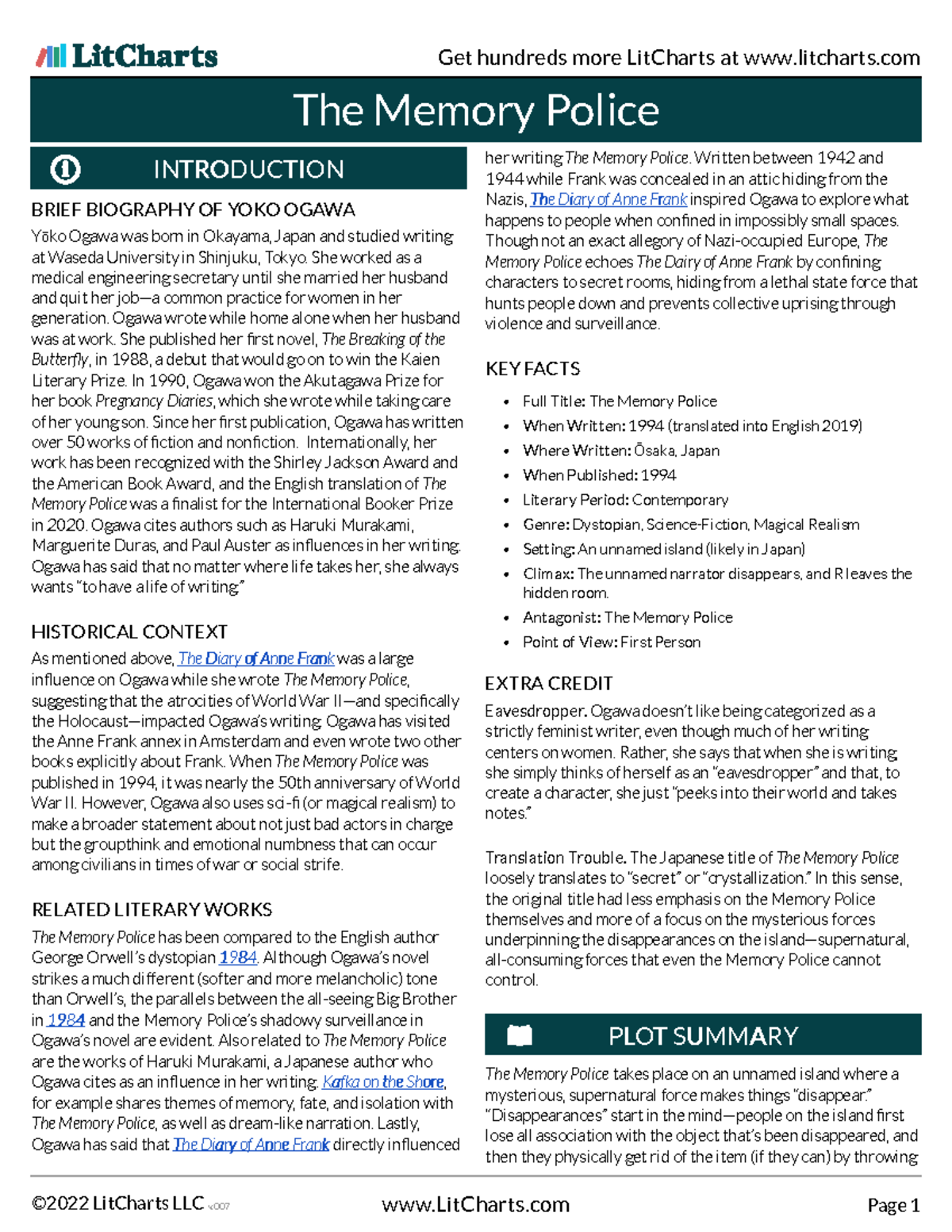 The Memory Police Lit Chart - The Memory Police BRIEF BIOGRAPHY OF YOKO ...