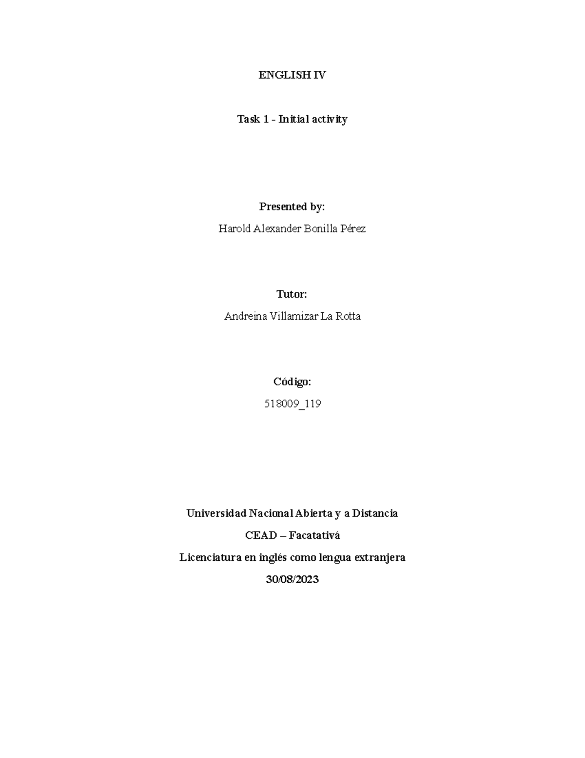 Task 1 - Initial activity - ENGLISH IV Task 1 - Initial activity ...