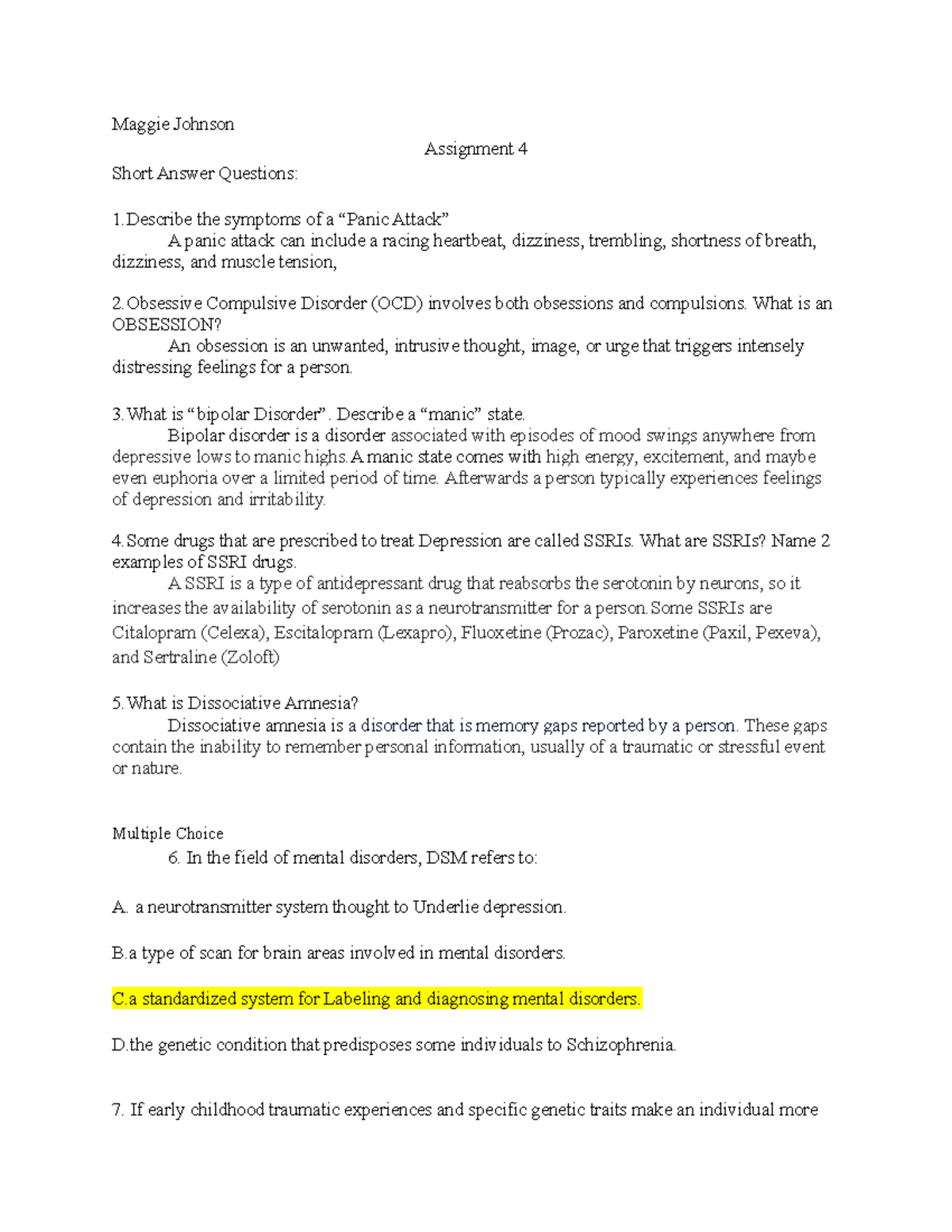 Assingment 4- Psychology - Maggie Johnson Assignment 4 Short Answer ...