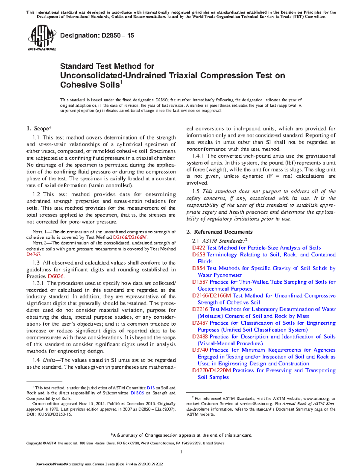 ASTM D-2850-15 Triaxial UU - Designation: D2850 − 15 Standard Test ...