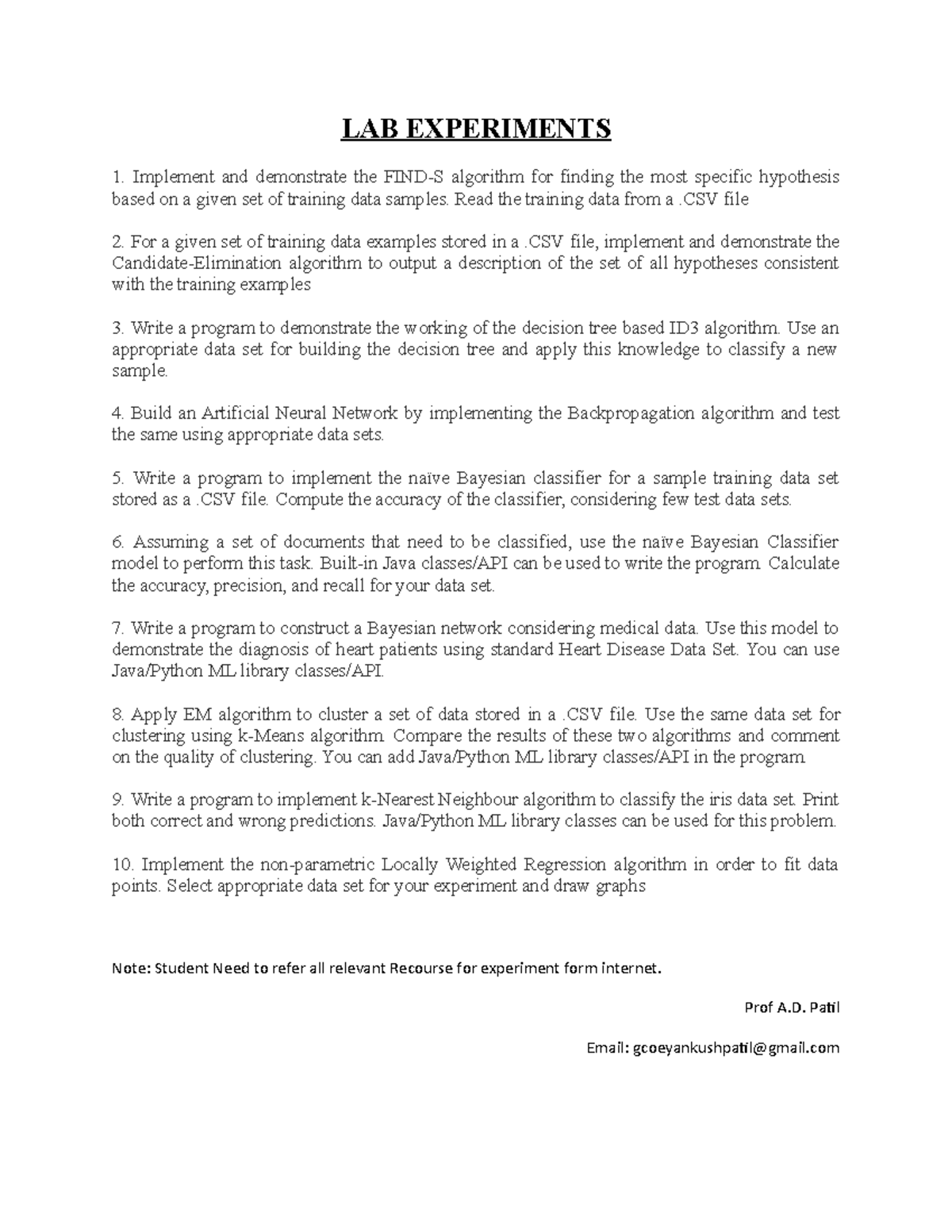 Ml Lab Experimentsyour Question Lab Experiments Implement And Demonstrate The Find S Algorithm