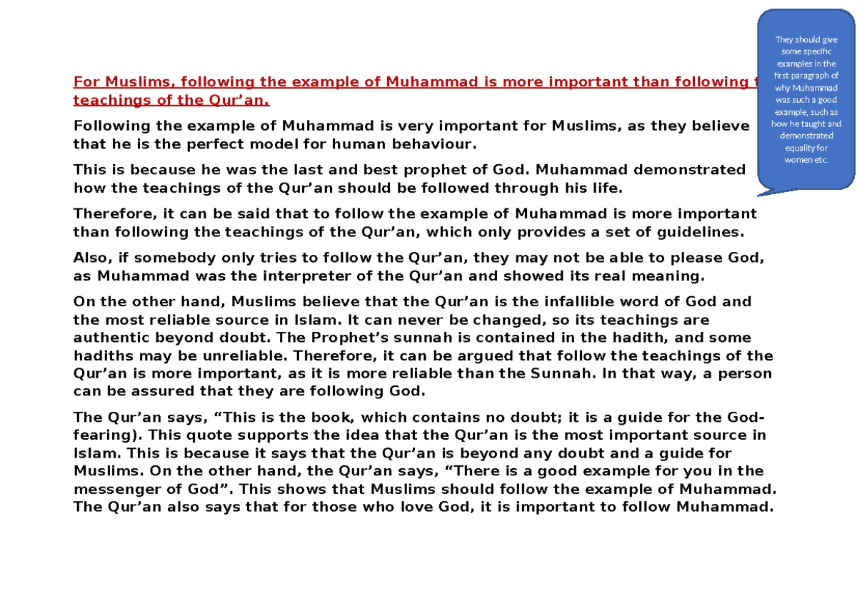 10-12 mark islam beliefs question - For Muslims, following the example ...