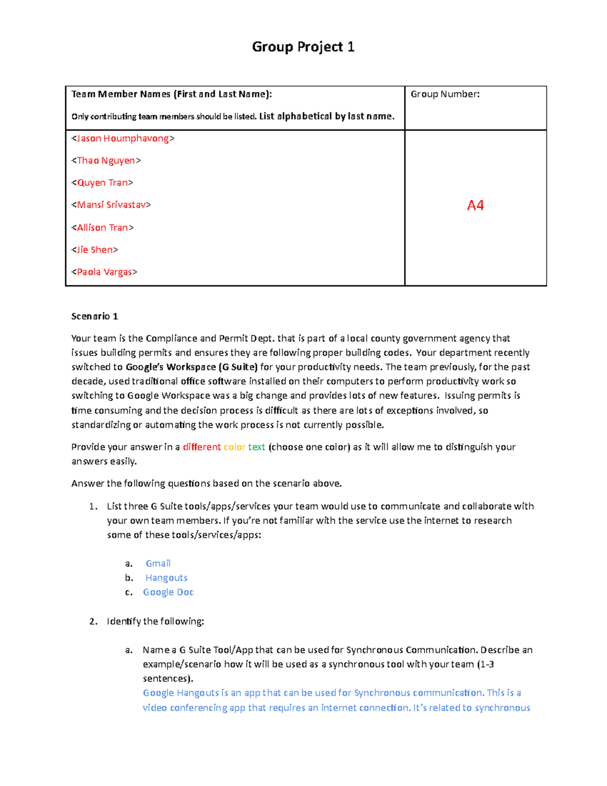 In Class Group Project 1 - Team Member Names (First and Last Name ...