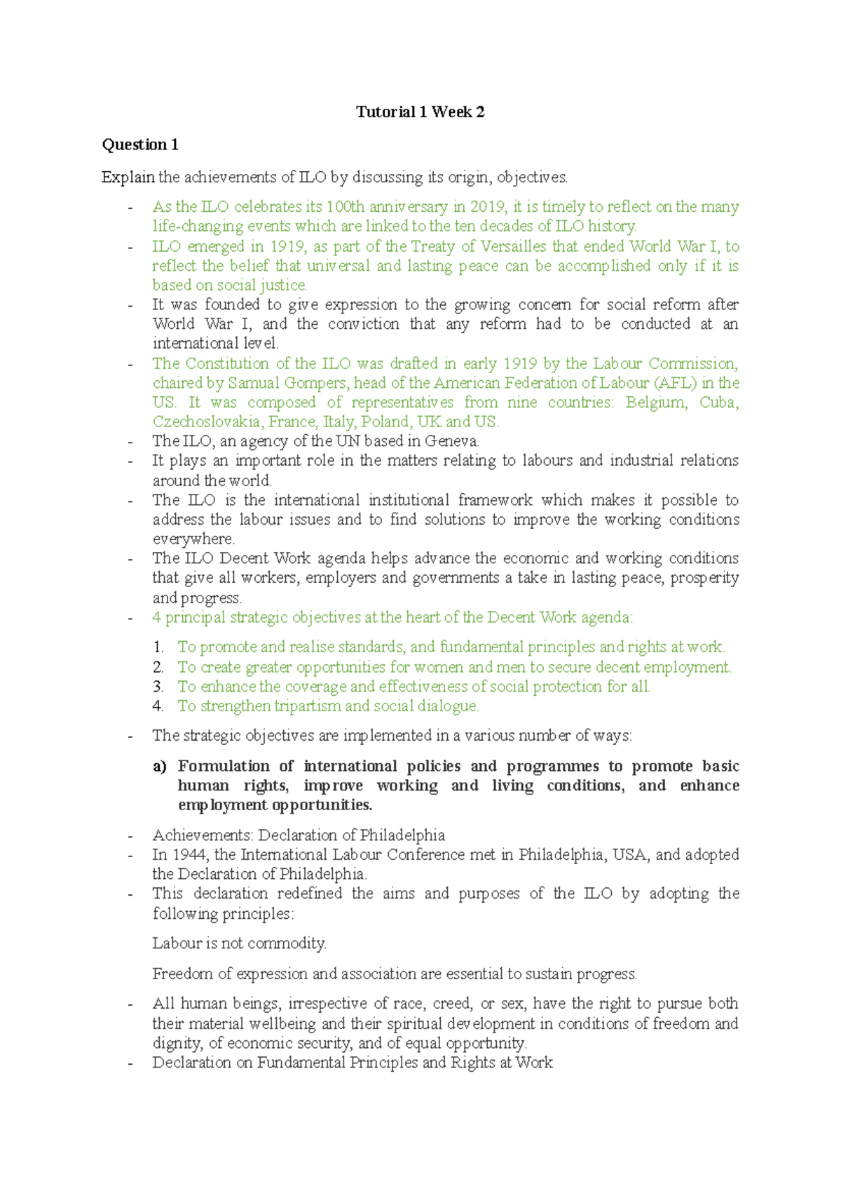 Tutorial 1 Week 2 - Tutorial 1 Week 2 Question 1 Explain the achievements of ILO by discussing ...