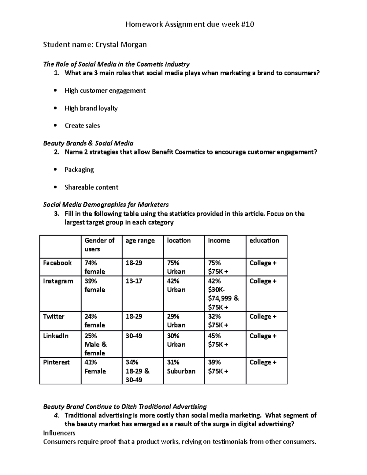Homework Assignment week #9 - Homework Assignment due week Student name ...