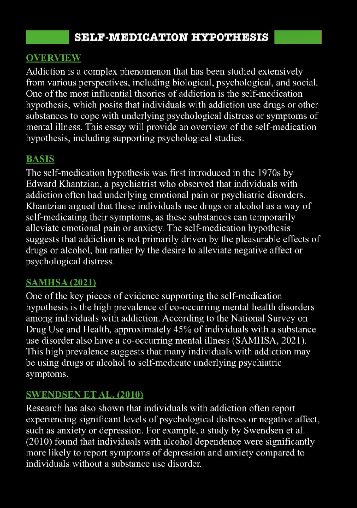 Summary - Self-Medication Hypothesis of Addiction - 18205 - Studocu
