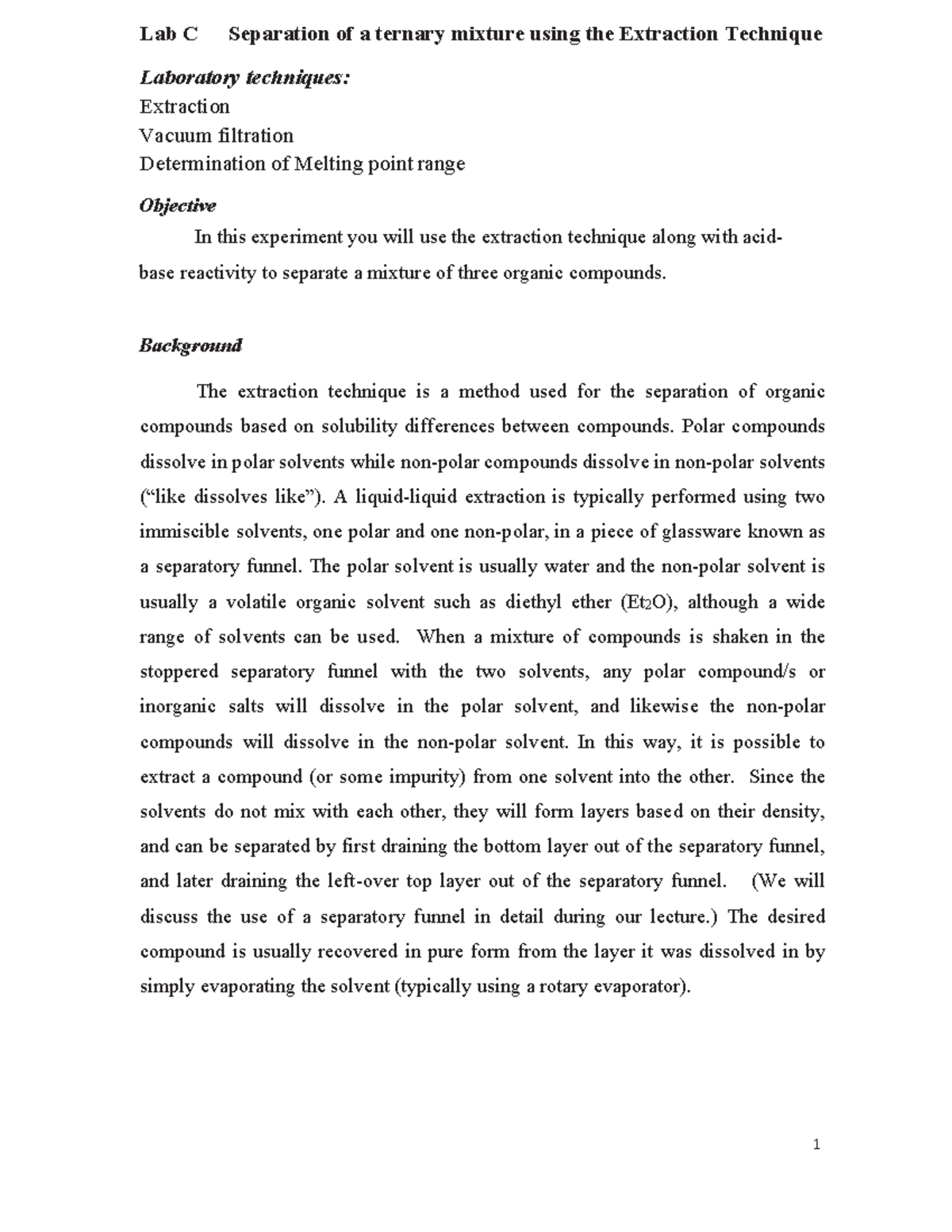 Fall 2023 Revised Lab C Separation Of A Ternary Mixture Using The Extraction Technique Lab C