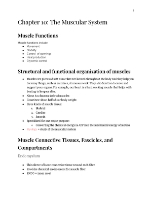 BIO252 exam 1 -4 - Exam I lecture notes - Chapter 10: The Muscular ...