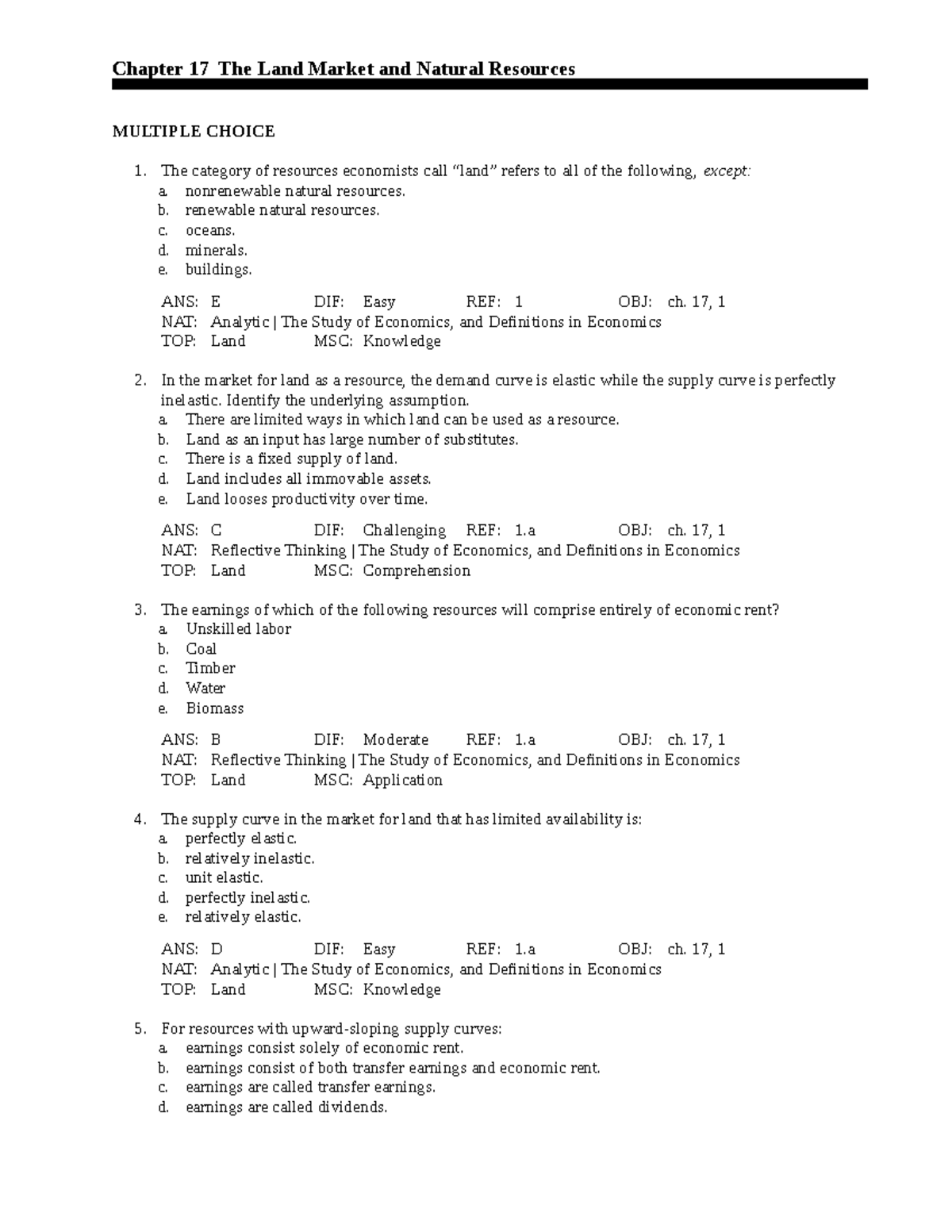 Chapter 17 Micro - M/C with answers - Chapter 17 The Land Market and ...