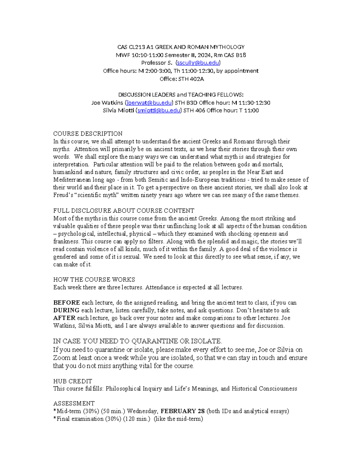 CL 213 2024 - CAS CL213 A1 GREEK AND ROMAN MYTHOLOGY MWF 10:10-11:00 ...