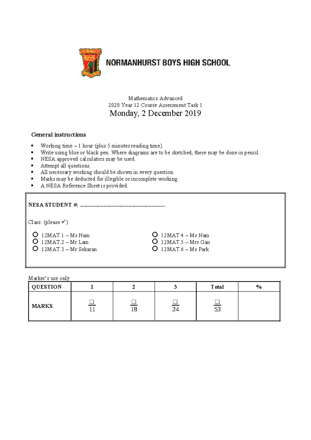 2020 Year 12 - Adv Task 1 - Year 12 Mathematics Advanced Task 1 (2020 ...
