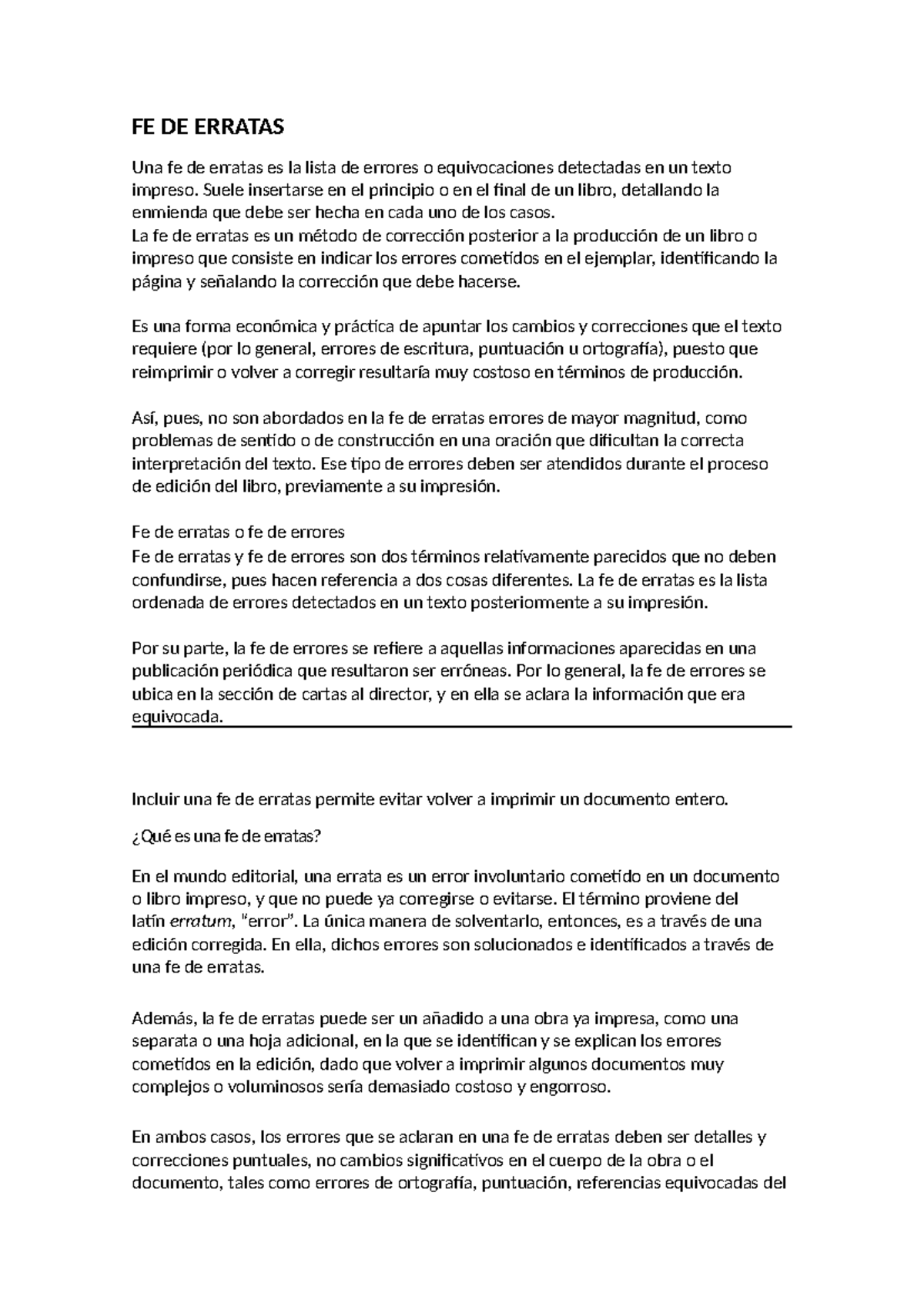 Fe de Erratas - tarea - FE DE ERRATAS Una fe de erratas es la lista de ...