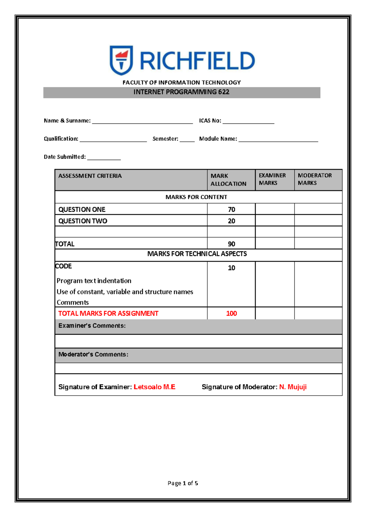 Internet Programming 622 Assignment - FACULTY OF INFORMATION TECHNOLOGY INTERNET PROGRAMMING 622 ...